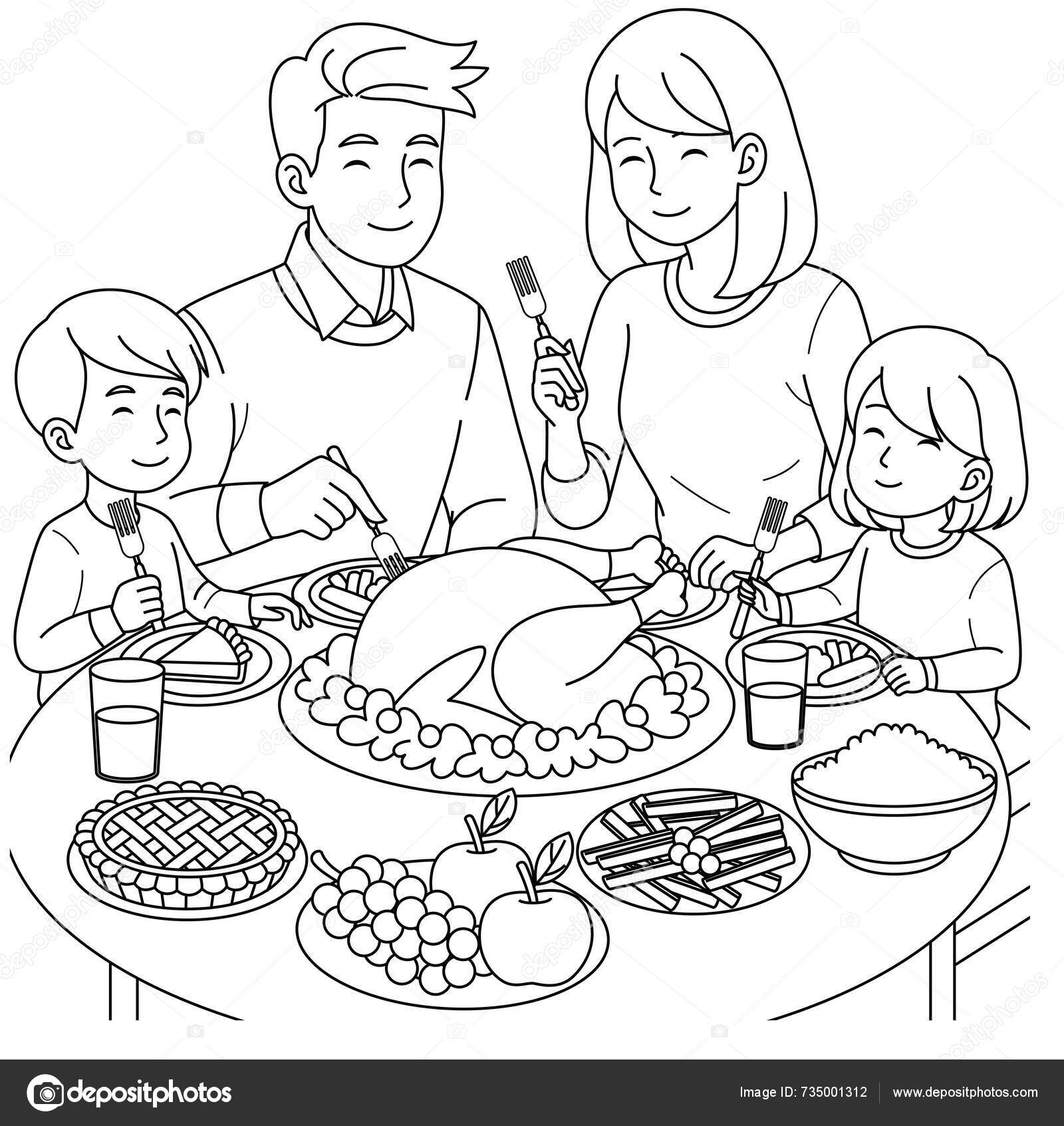 Family Enjoying Thanksgiving Dinner Outline Coloring Page Stock Vector ...