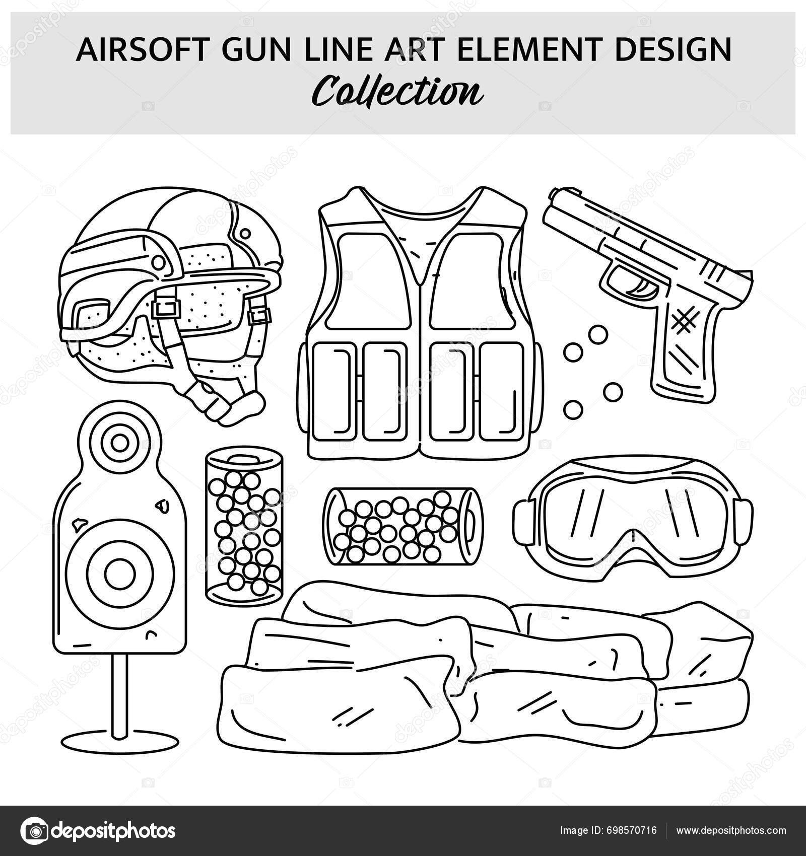 Set Airsoft Gun Equipment Hand Drawn Vector Illustration Sports Icon ...