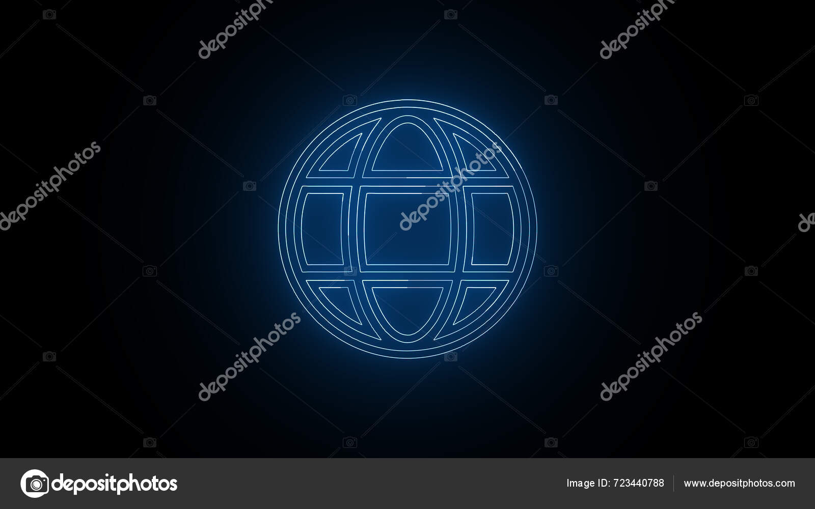 Glowing Blue Wireframe Globe Icon Dark Background Representing Global ...