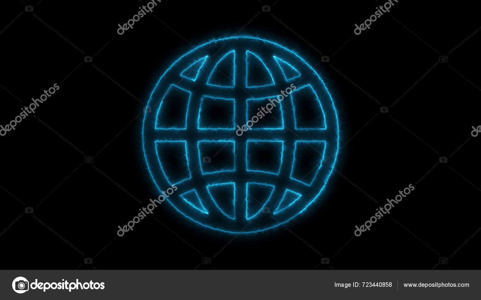 Glowing Blue Neon Globe Icon Black Background Representing Internet ...