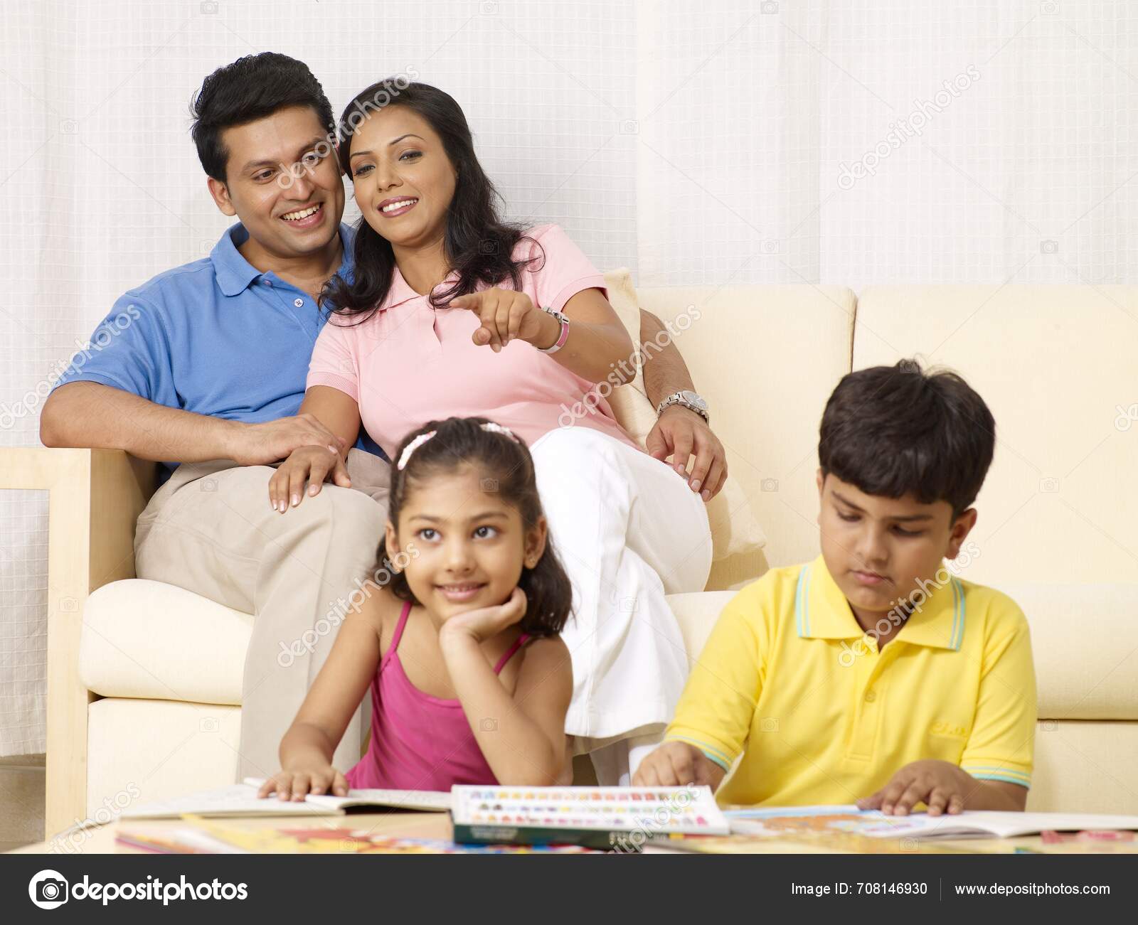 Children Doing Drawing Work Parents Sitting Them House — Stock Photo ...