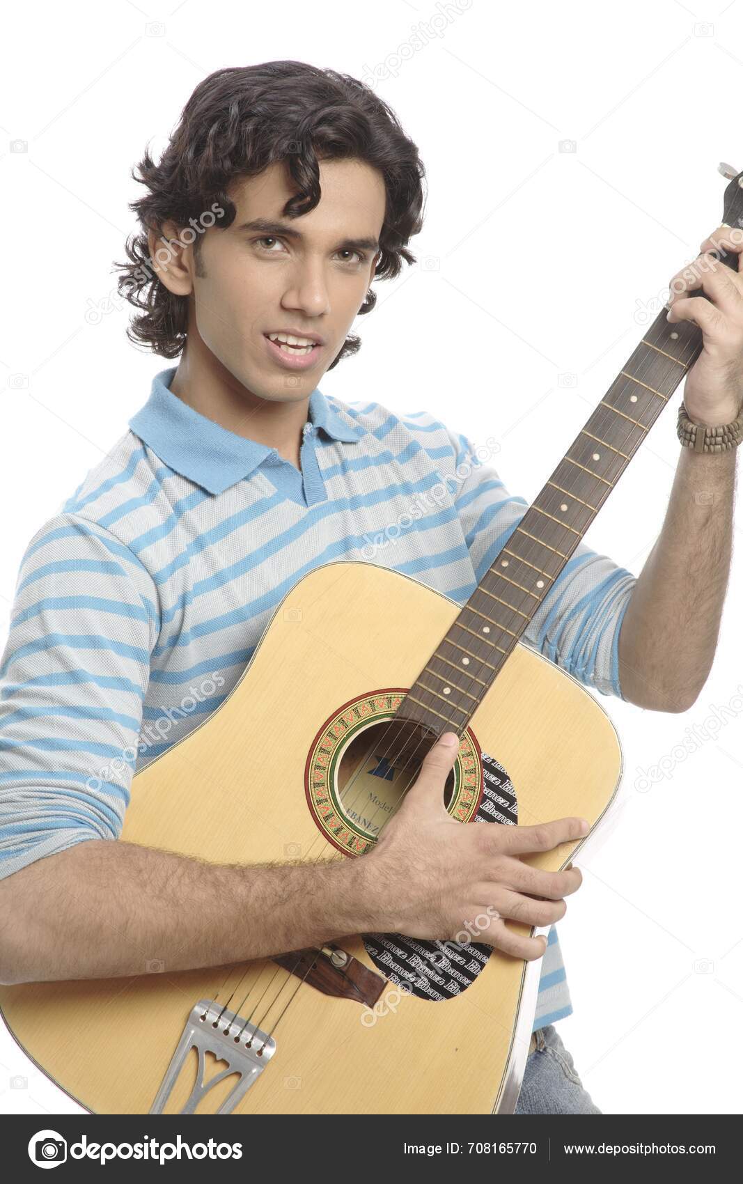 Teenage Boy Playing Musical String Instrument Guitar — Stock Photo ...