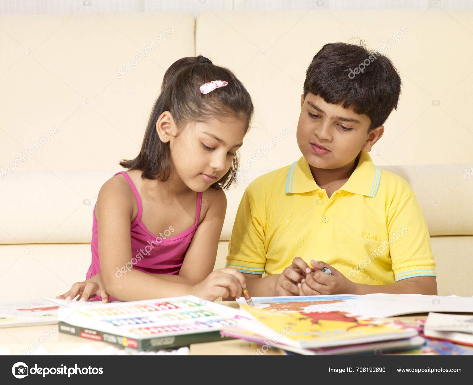 Sister Doing Drawing Work Brothers Book Sitting House — Stock Photo ...