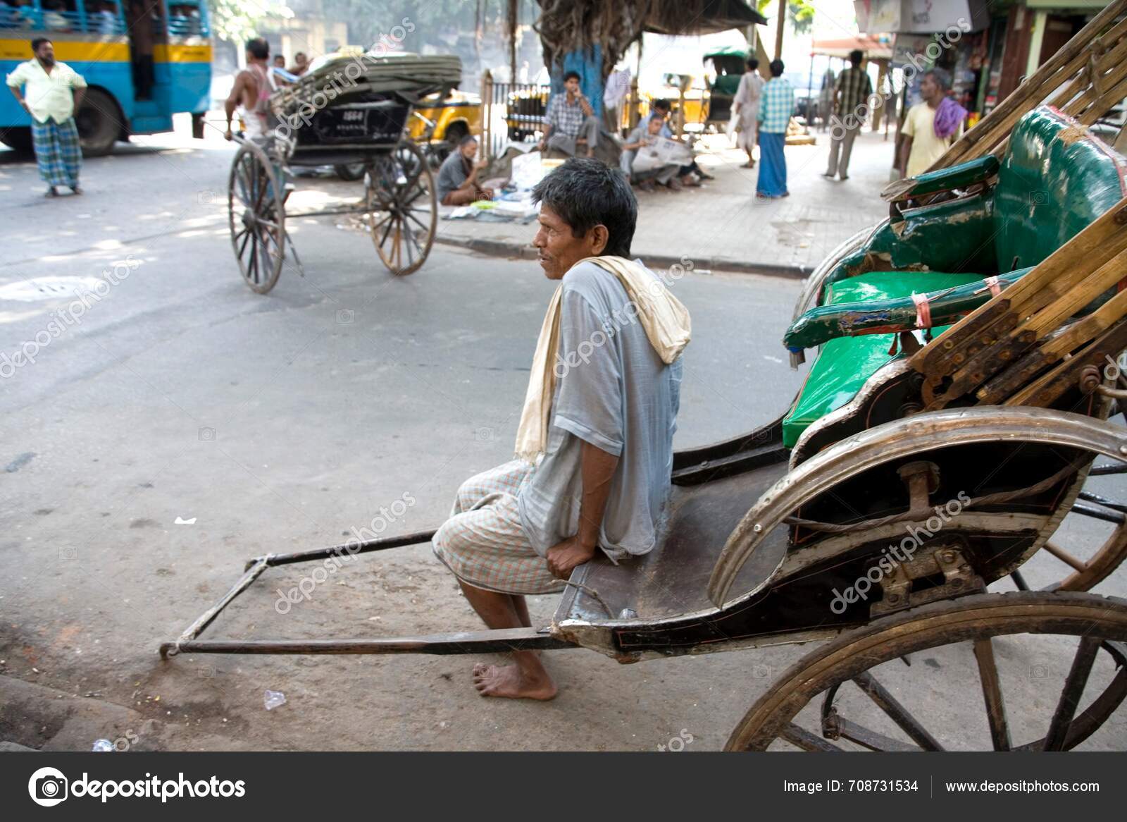 Manual Labor Hand Rickshaw Puller Sitting His Vehicle Park Street ...