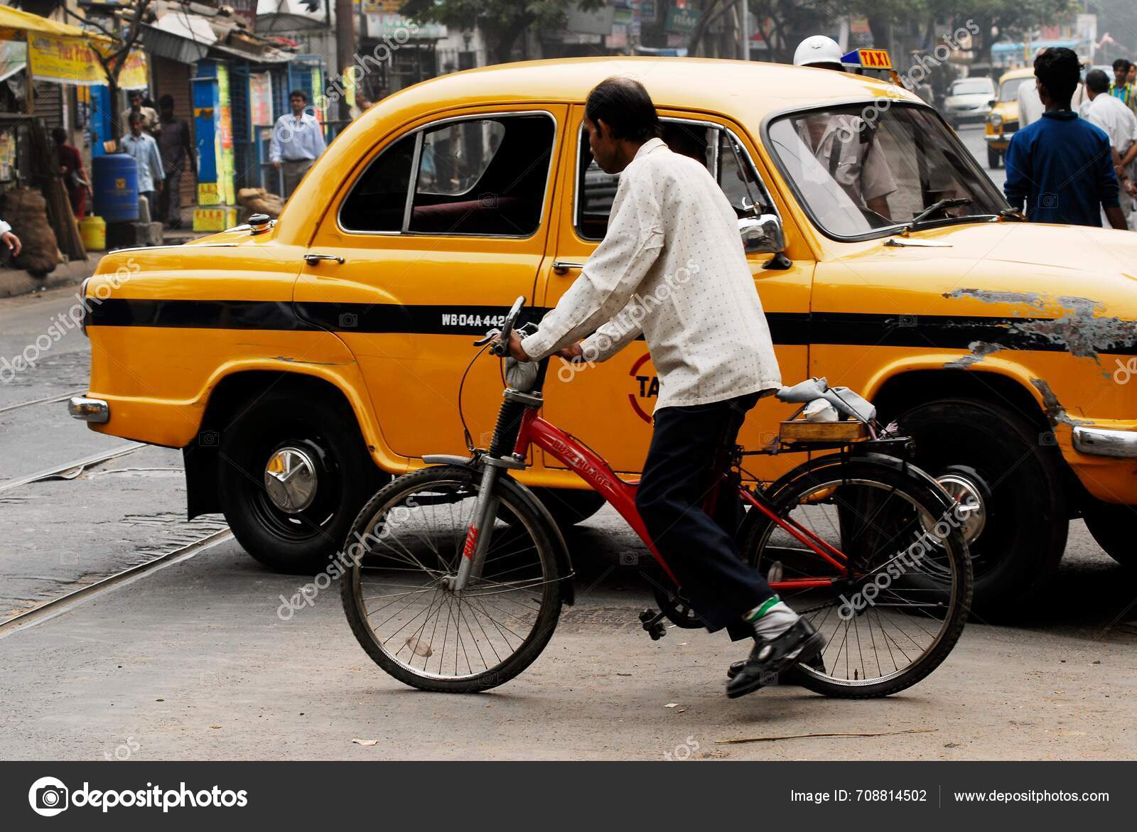 Man Riding Cycle Ambassador Car Kolkata West Bengal India — Stock ...