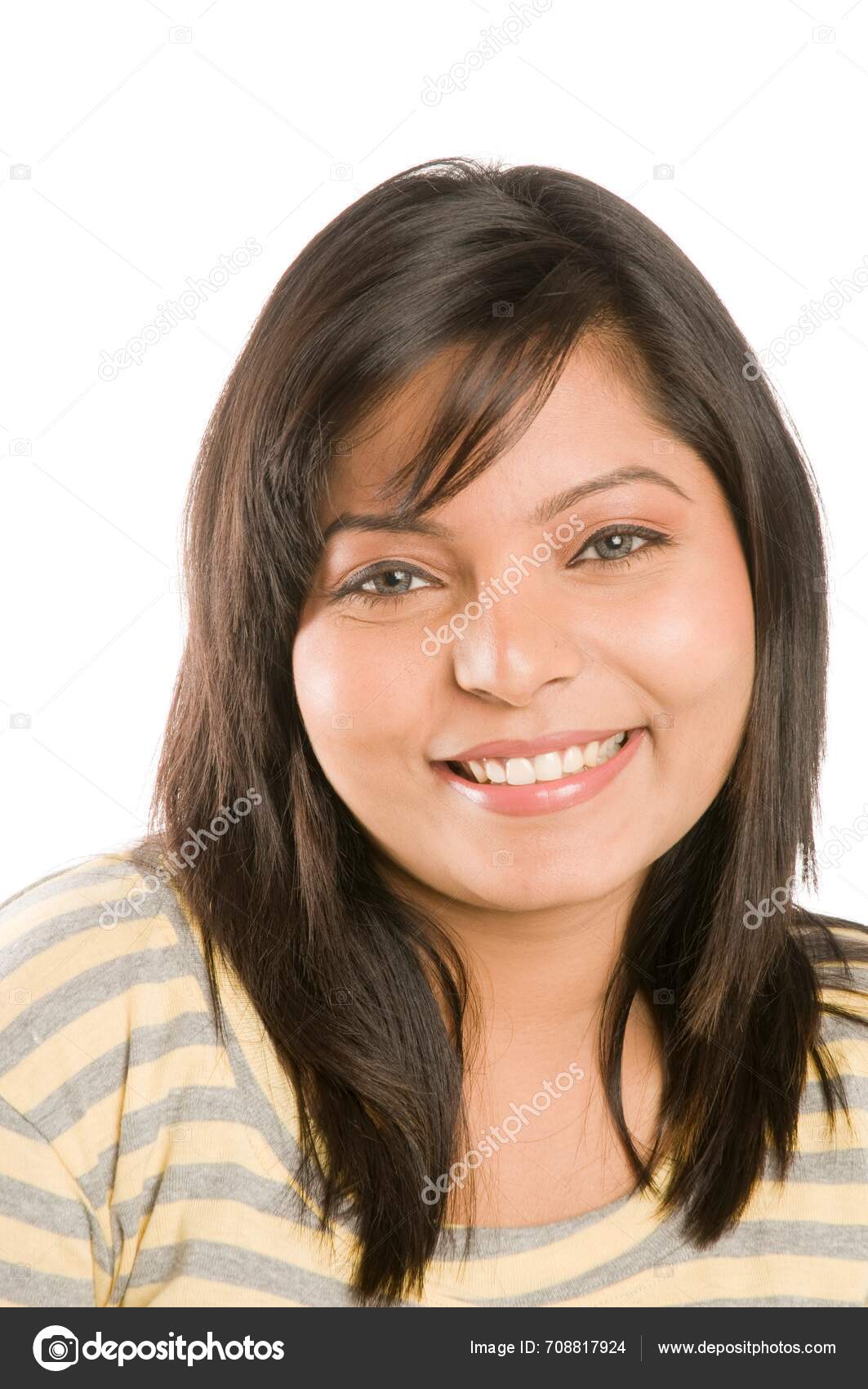 Girl Expressing Mock Smile Isolated White Studio Background — Stock Photo © xyz fotos #708817924