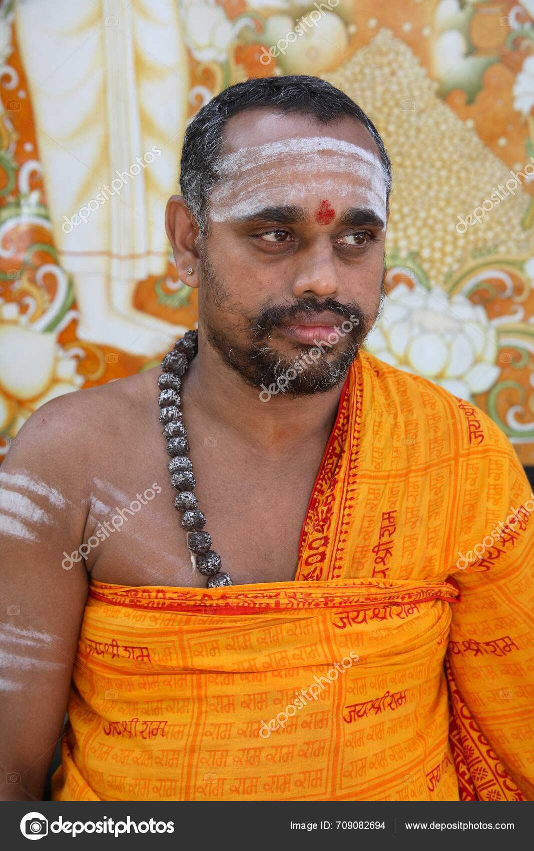 Religious Preacher Wearing Rudraksha Mala Applying Holy Ash Bhasma ...