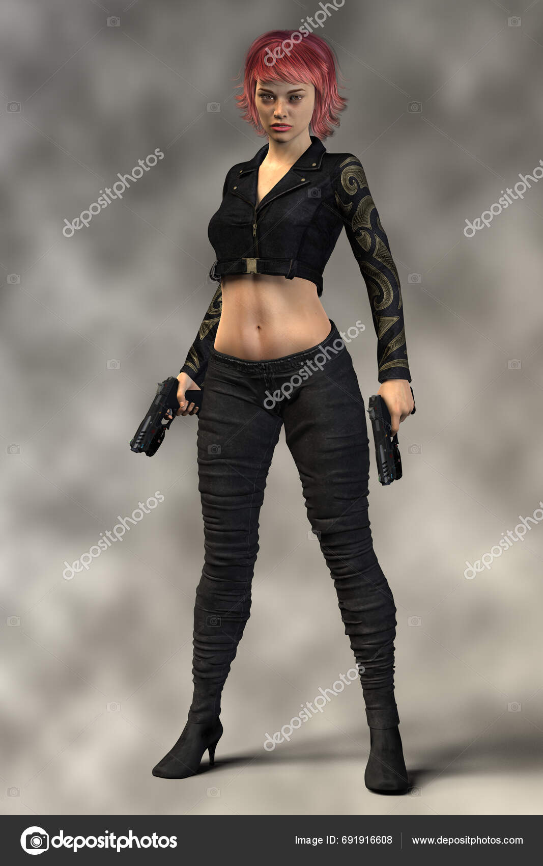 Beautiful Assertive Female Assassin Detective Spy Standing Holding Two ...