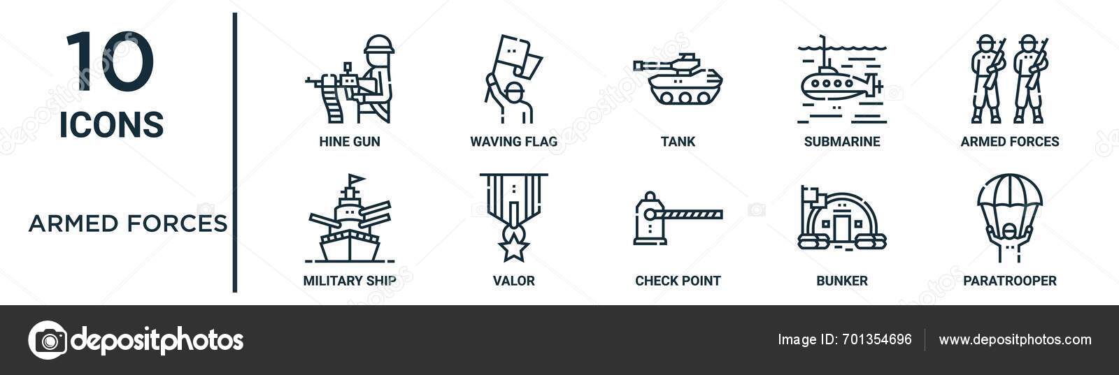 Armed Forces Outline Icon Set Thin Line Hine Gun Tank Stock Vector by ...