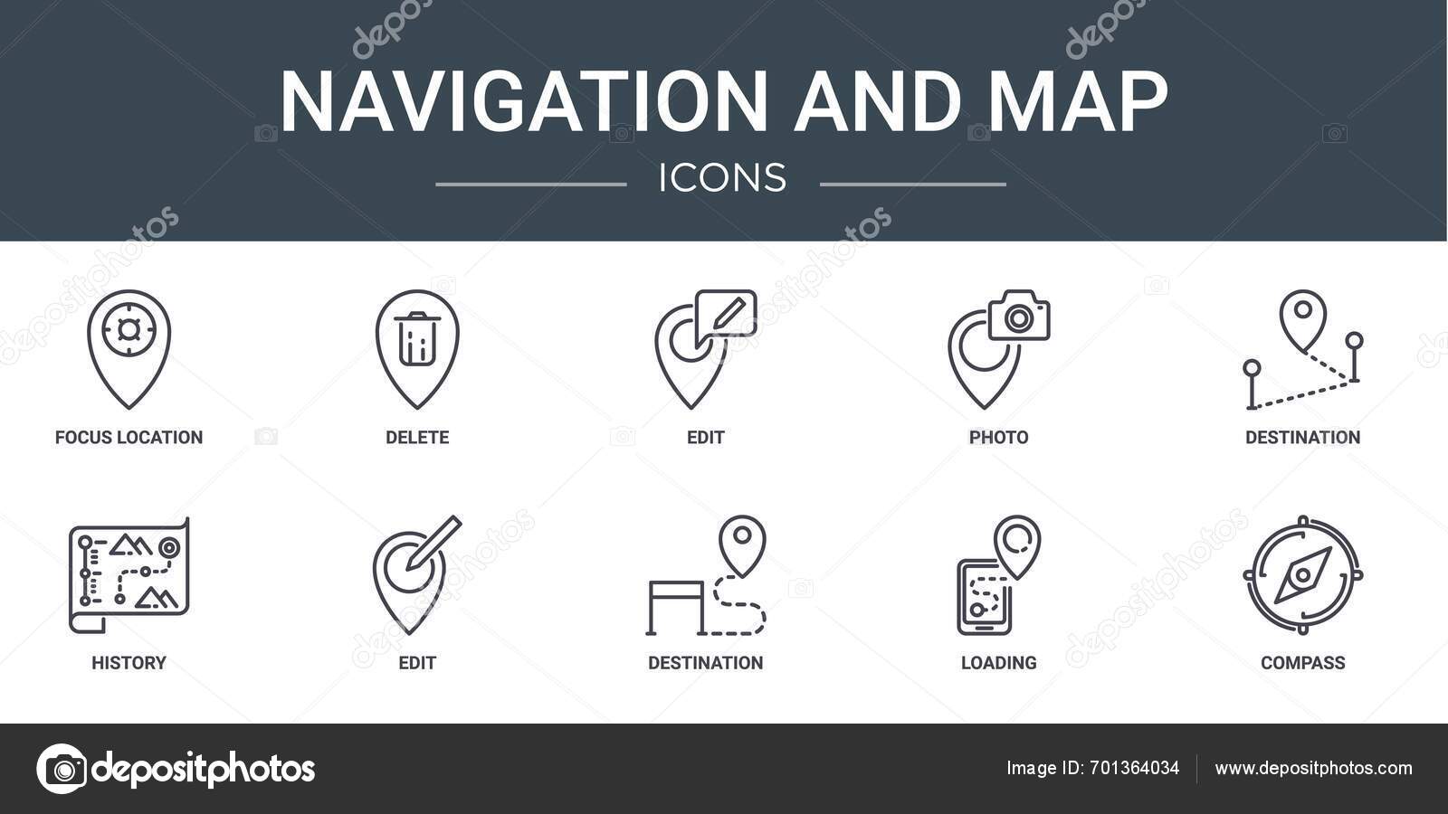 Set Outline Web Navigation Map Icons Focus Location Delete Edit Stock ...