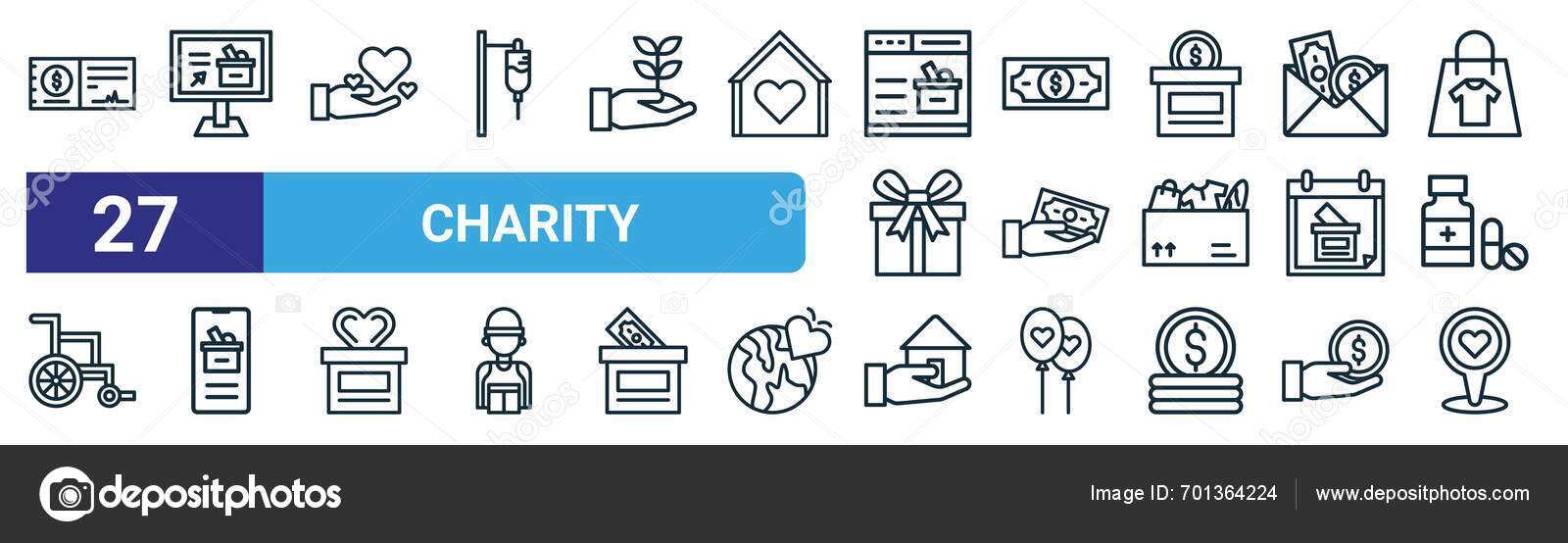 Set Outline Web Charity Icons Bank Check Donate Hand Love Stock Vector ...