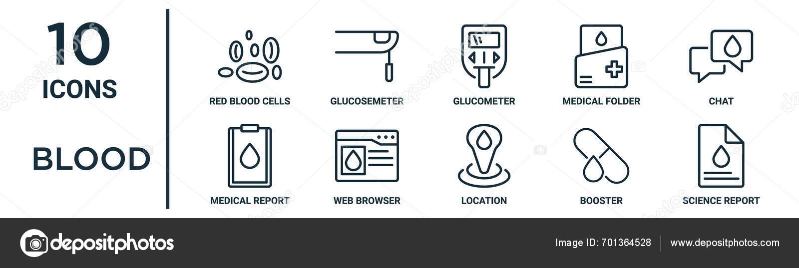 Blood Outline Icon Set Thin Line Red Blood Cells Glucometer Stock ...