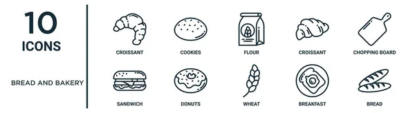 conjunto de iconos de esquema de pan y panadería, como croissant de ...