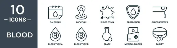Blood Outline Icon Set Thin Line Red Blood Cells Glucometer Stock ...