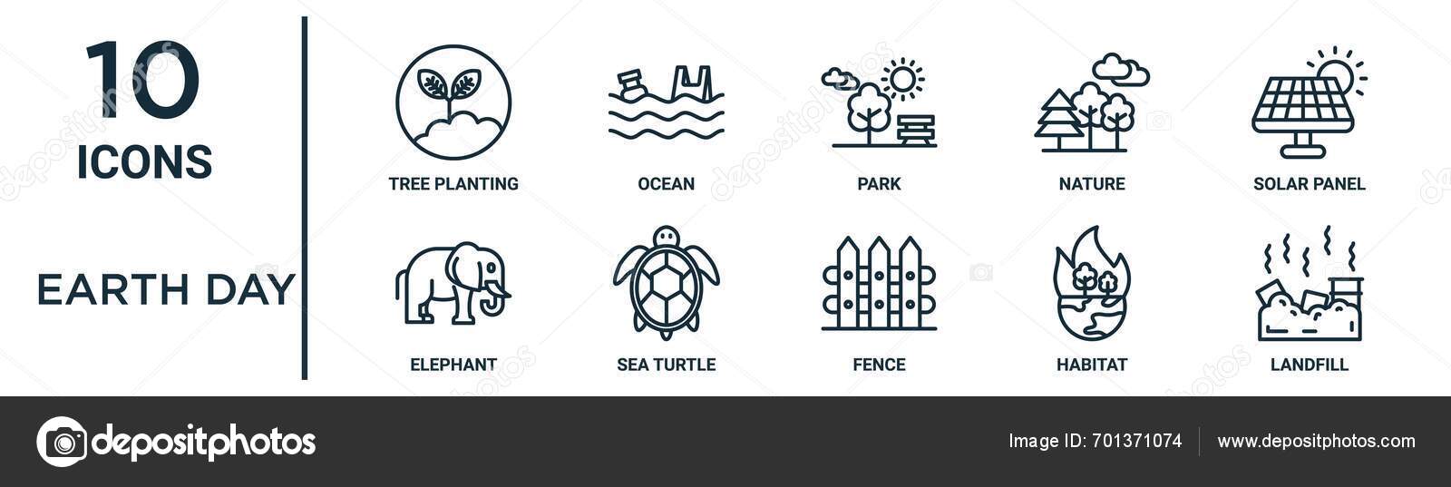 Earth Day Outline Icon Set Thin Line Tree Planting Park Stock Vector by ...