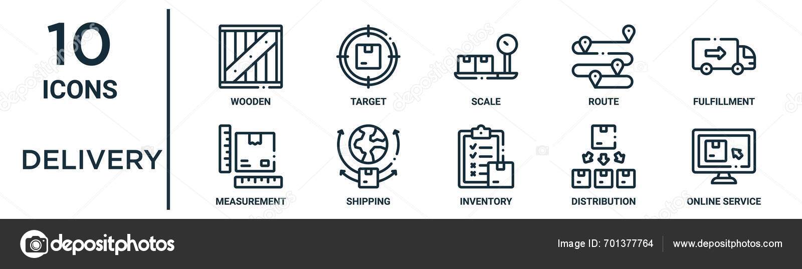 Delivery Outline Icon Set Thin Line Wooden Scale Fulfillment Shipping ...