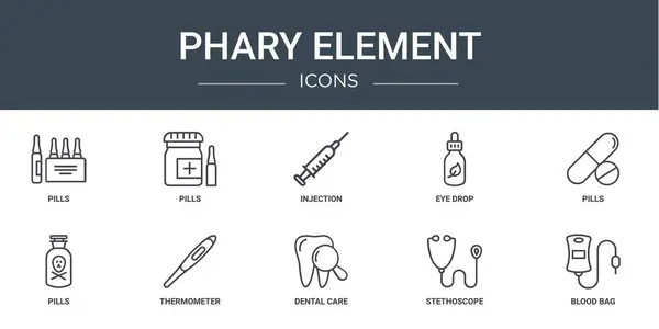 conjunto de 10 iconos del elemento phary de la tela del esquema tales como píldoras, píldoras ...