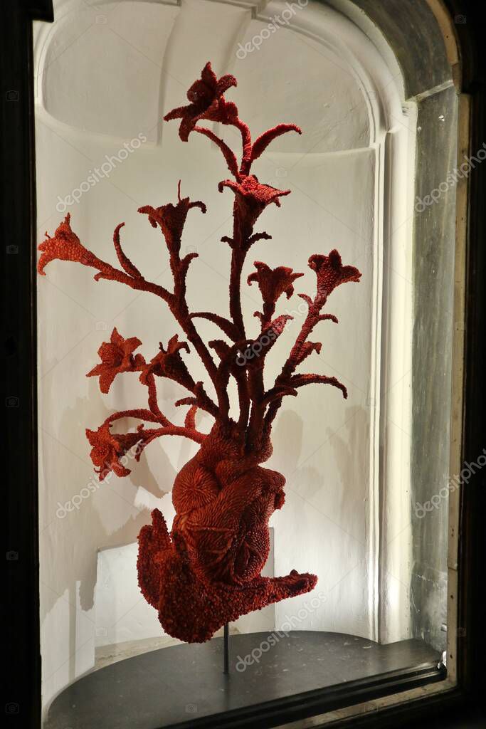 Naples, Campania, Italy January 3, 2022: Red coral sculpture by artist ...