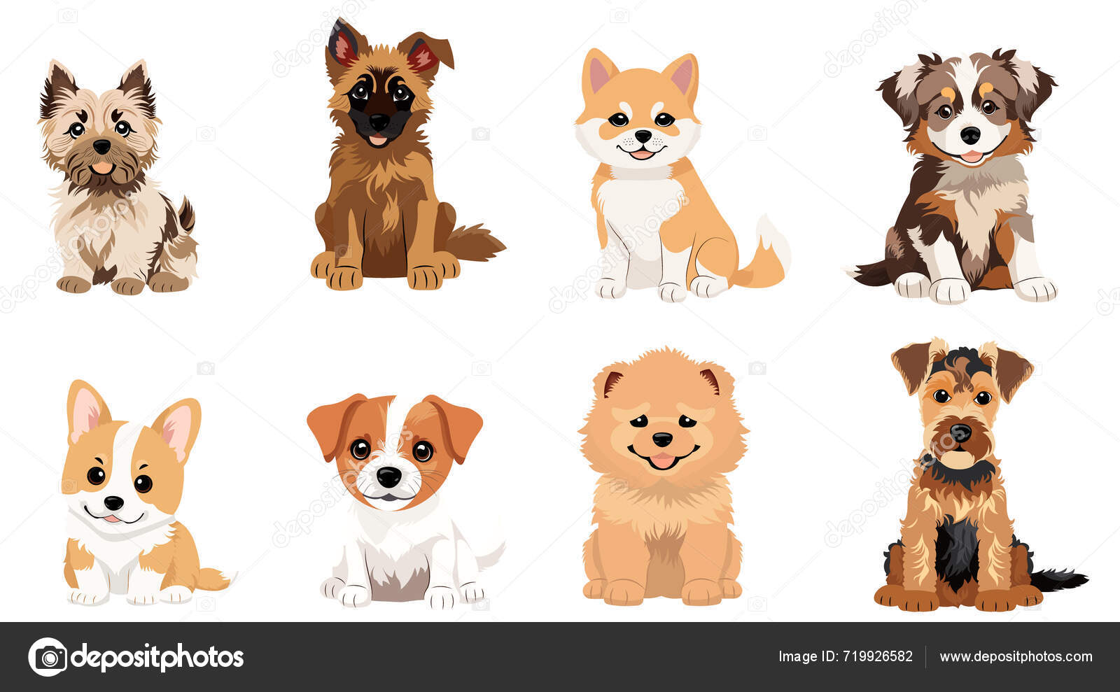 Lindos Cachorros Perro Razas Dibujos Animados Vector Clipart Vector de stock #719926582 de ©alexi11
