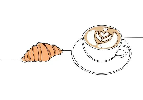 Breakfast one line drawing. Coffee with cake continuous outline. Pastry ...