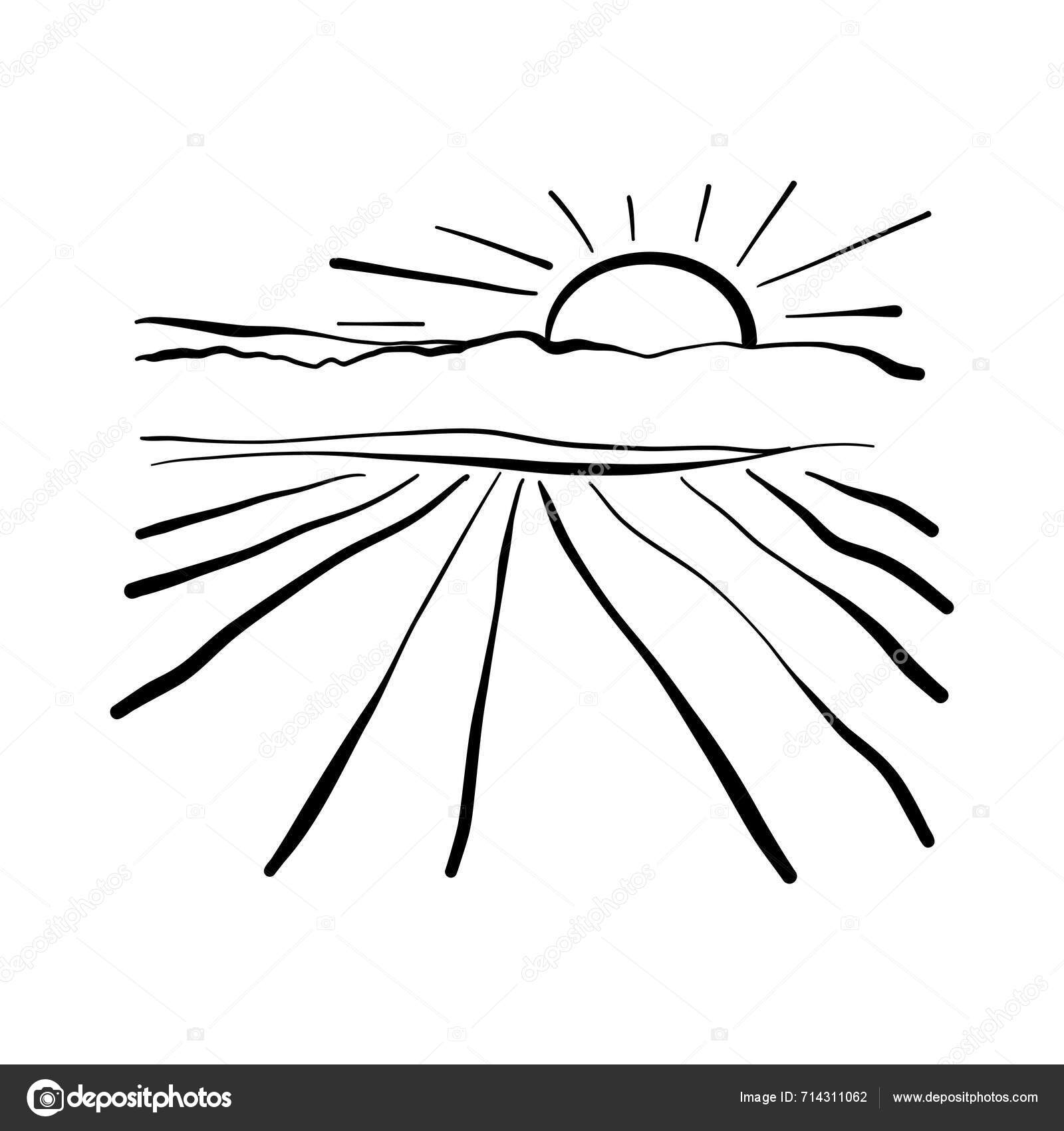 Simple Black Outline Vector Drawing Farm Fields Sun Rays Grass Stock ...