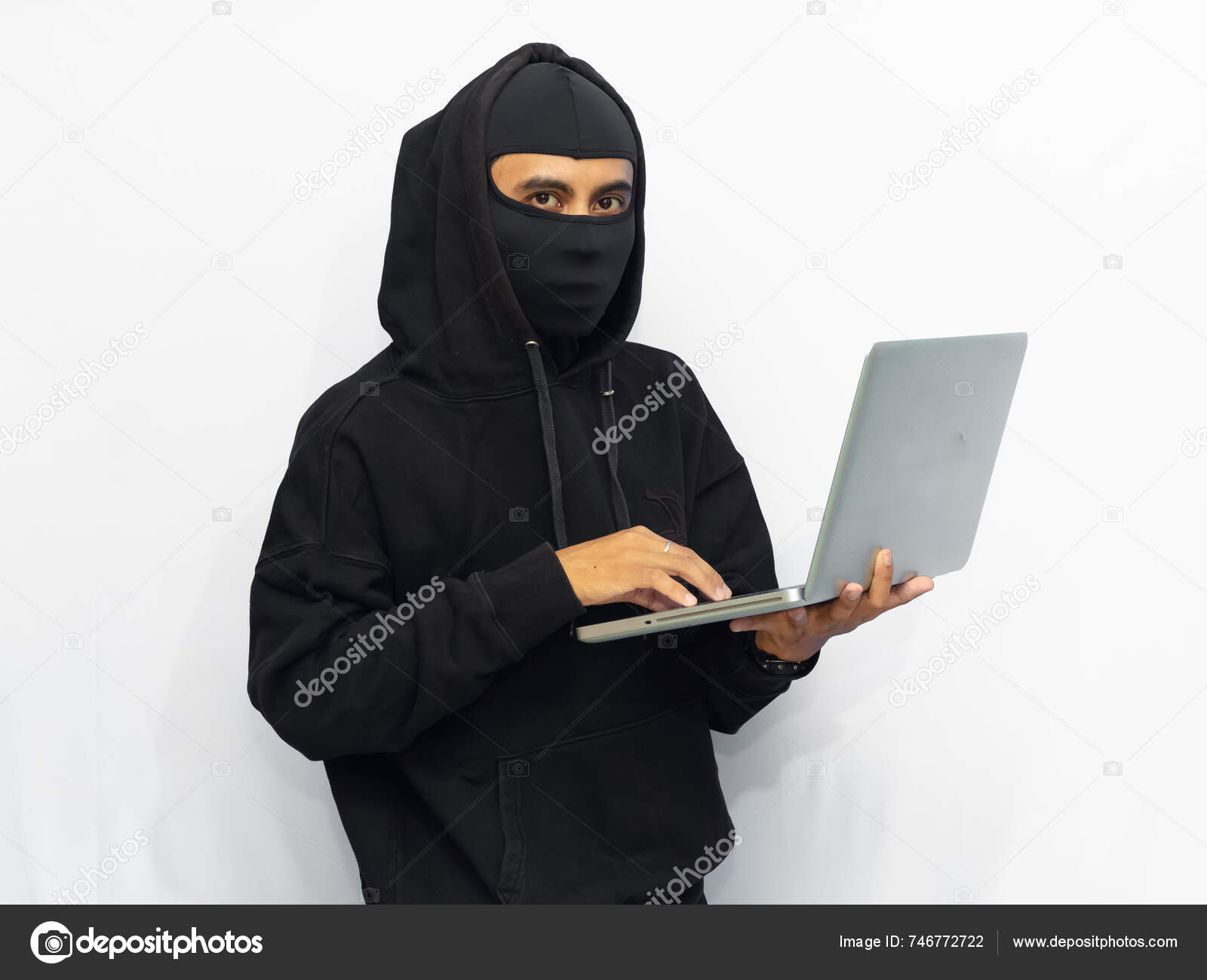 Masked Criminal Black Jacket Holds Laptop White Background Symbolizing ...