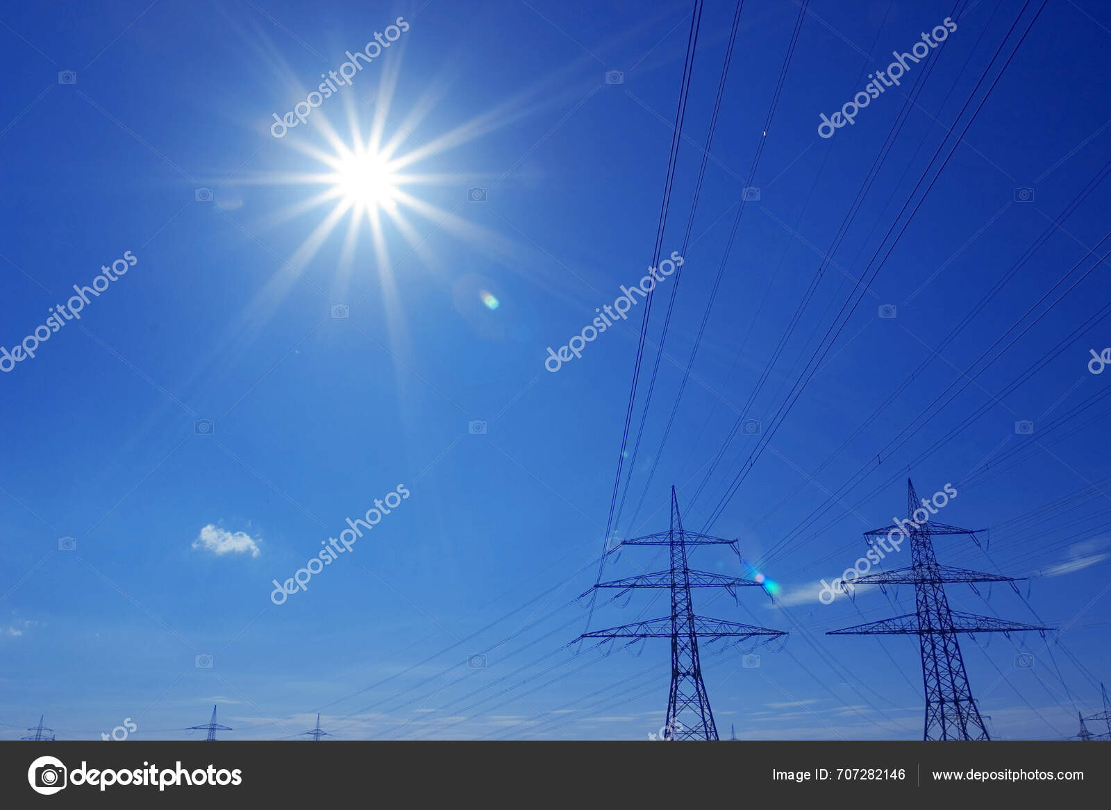 High Voltage Power Line Two Pylons Blue Sky Sun — Stock Photo ...