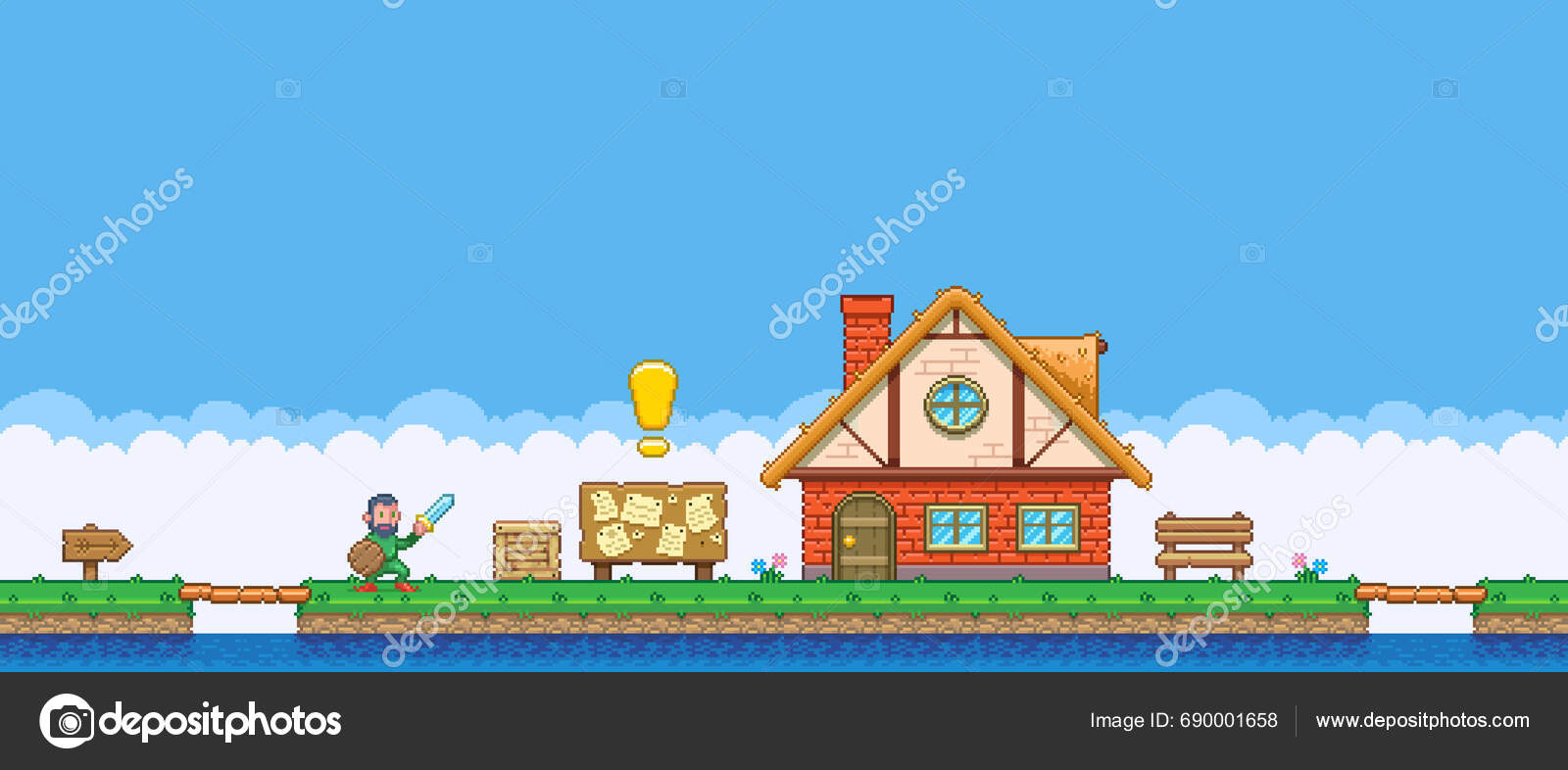 8Bit Bunte Einfache Vektor Pixelkunst Horizontale Illustration Des ...