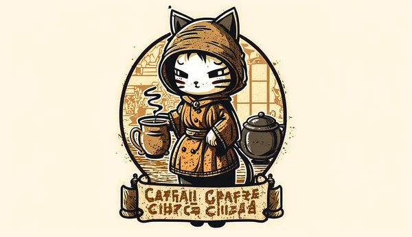 Creative cartoon logo, coffee concept, mysterious cat with a cup ...