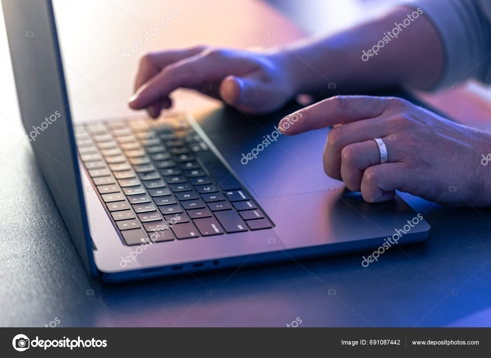 Man Uses Laptop Night Close His Hands Business Digital Technology ...