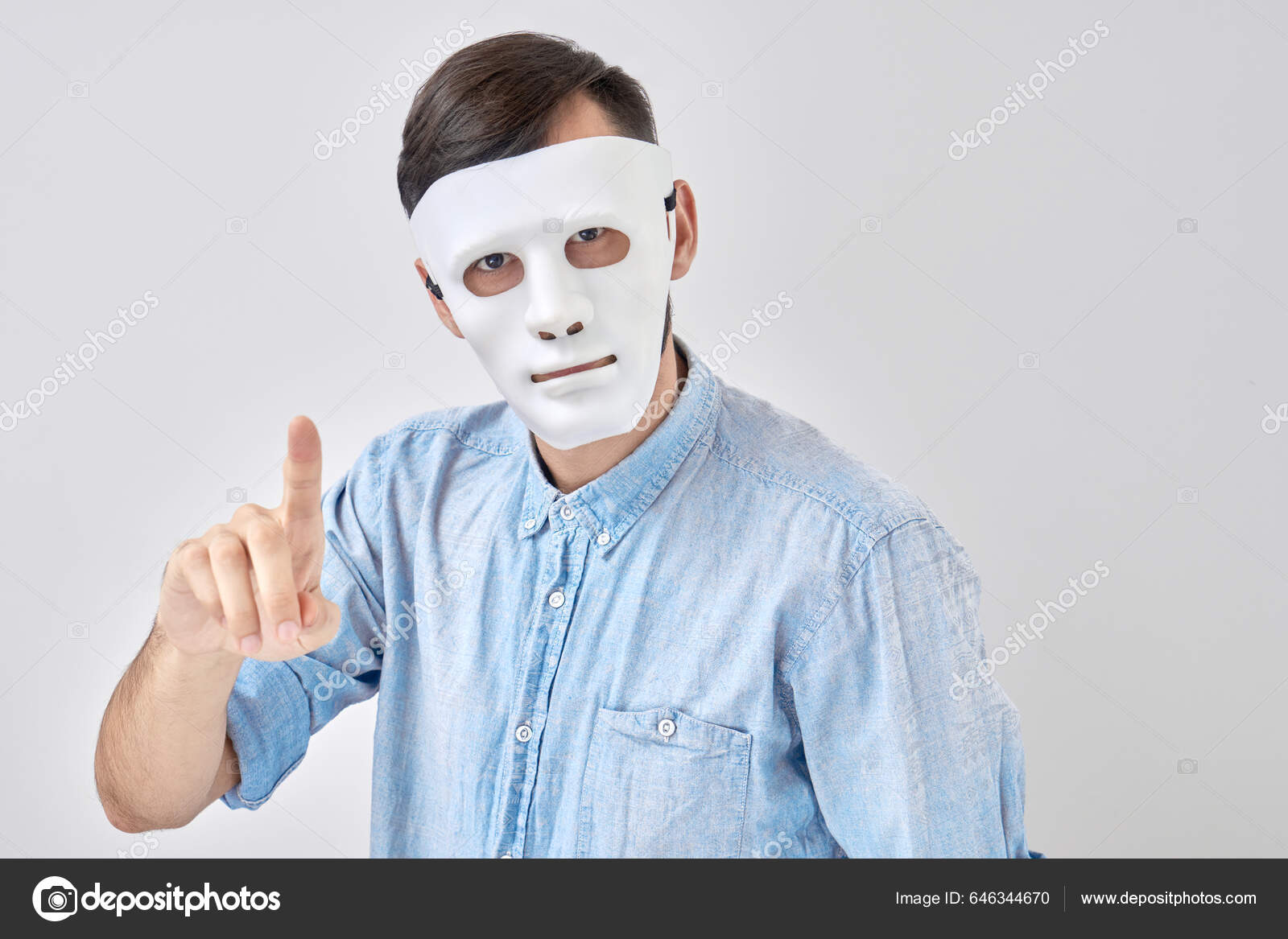 Mystery Man White Mask His Face Isolated Studio Background Stock Photo ...