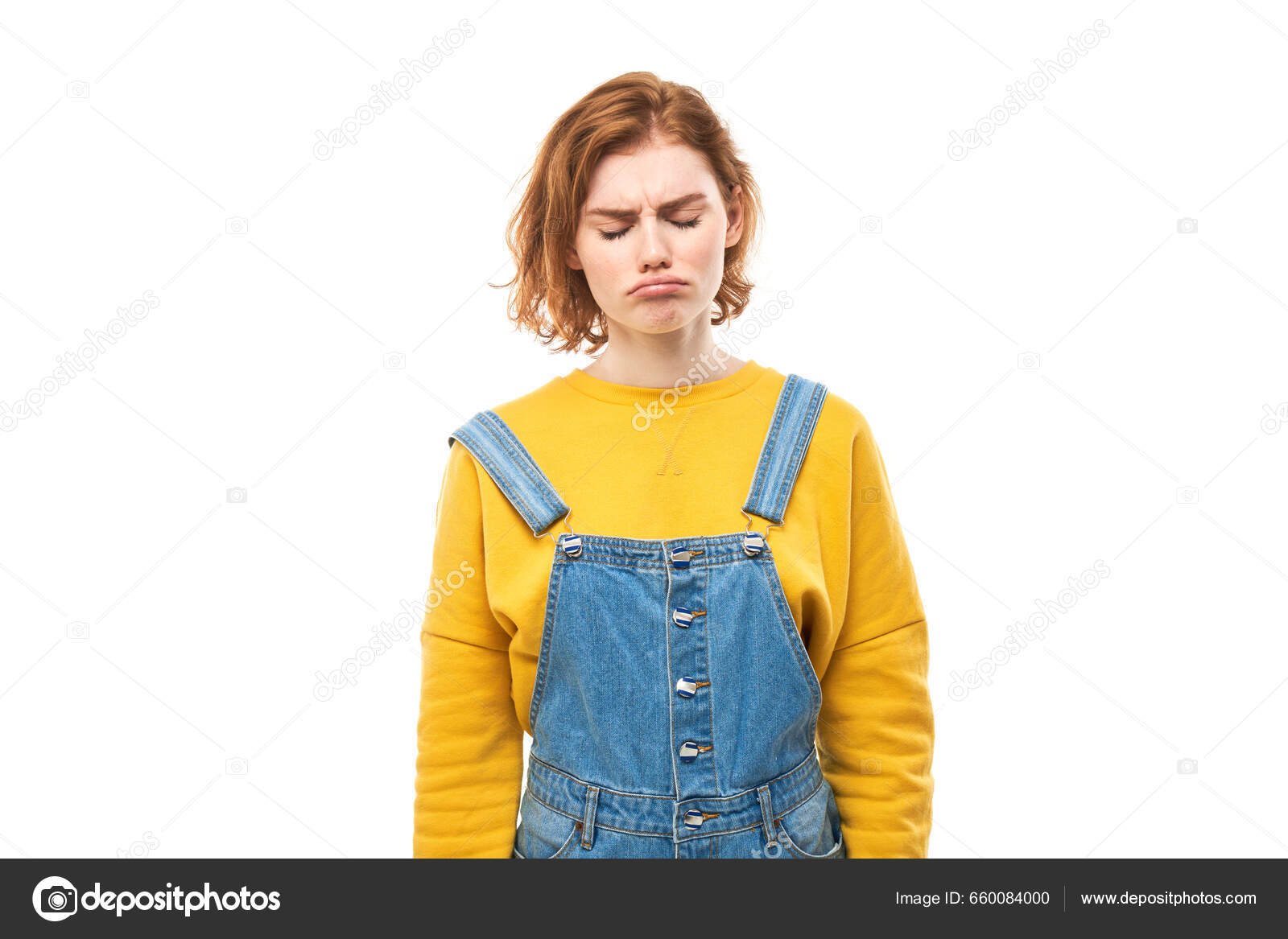 Portrait Sad Red Haired Young Woman Isolated White Studio Background ...