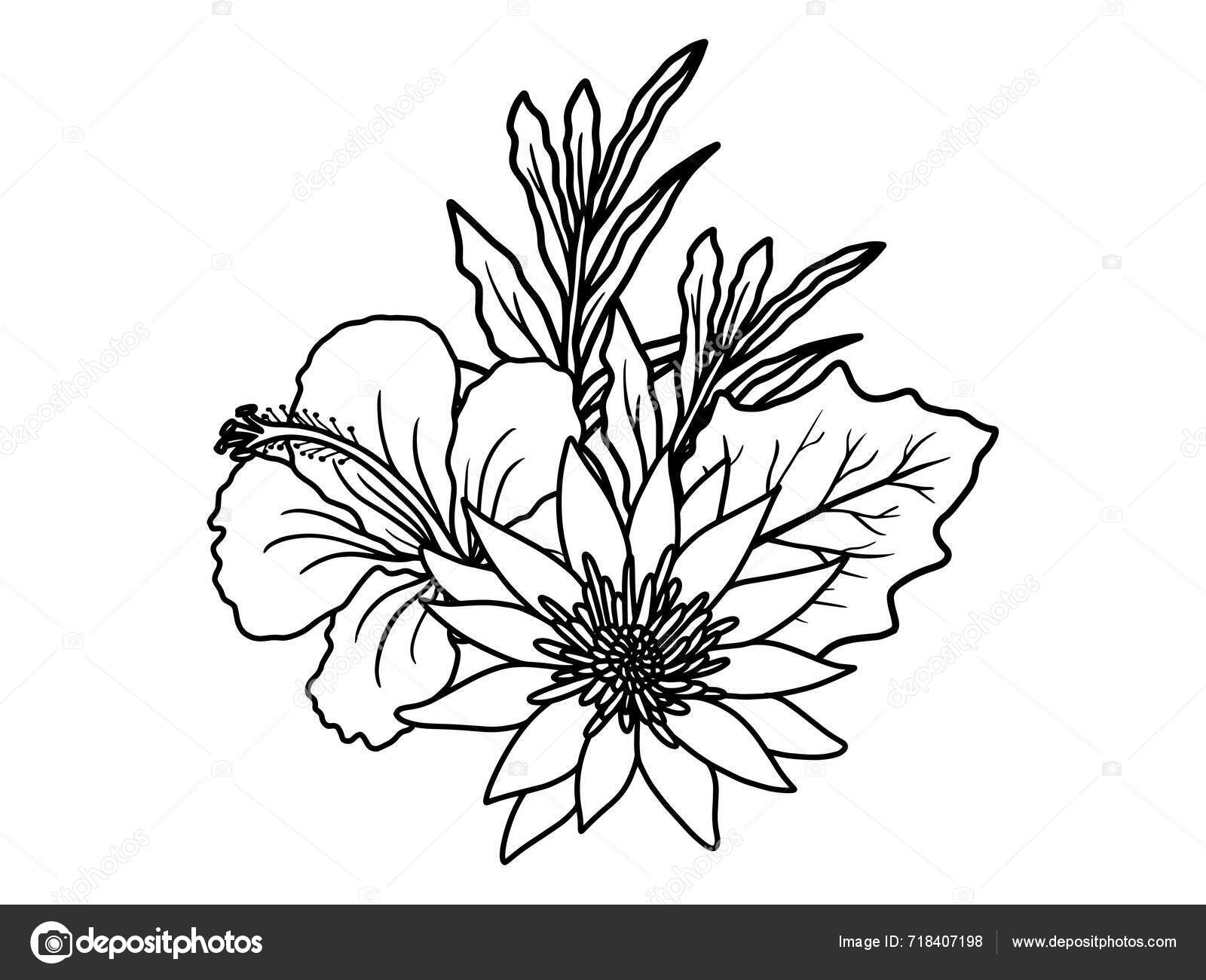 Latar Belakang Seni Garis Bunga Dengan Gaya Outline Hand Drawn Vektor ...