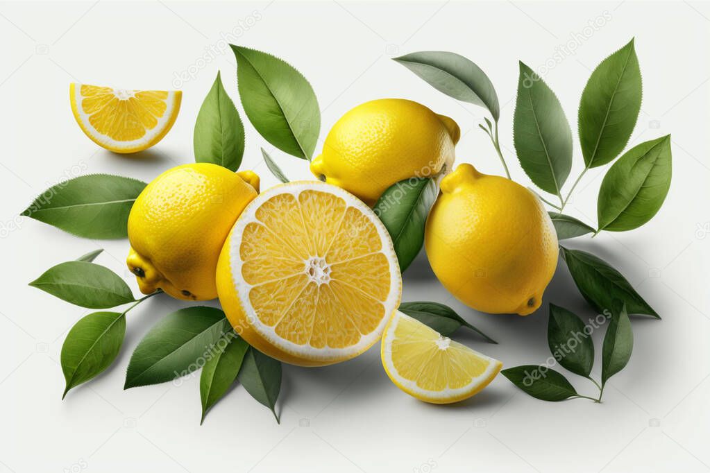 Fruto de limón con hoja aislada. Limón entero, mitad, rebanada, hojas ...