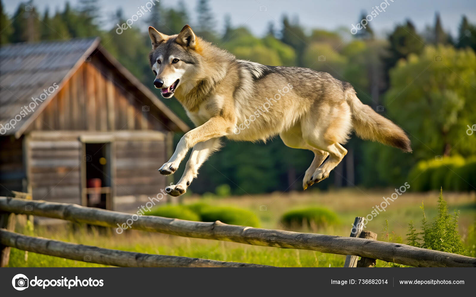 Eastern Wolf Jumps Farm Generated Photo Portrait Front View Image ...