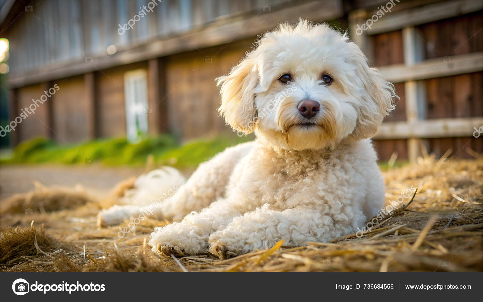 Eskipoo Dog Lies Farm Generated Photo Portrait Front View Image — Stock ...