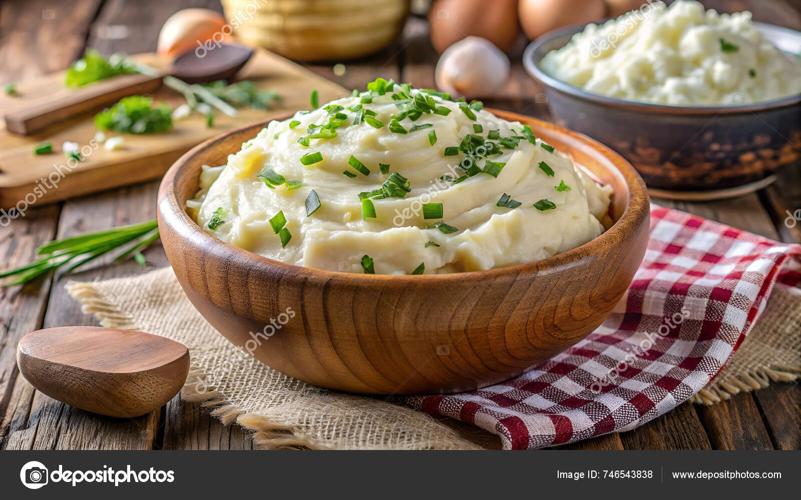 Creamy Whipped Mashed Potatoes Rustic Wooden Bowl Garnished Chopped ...