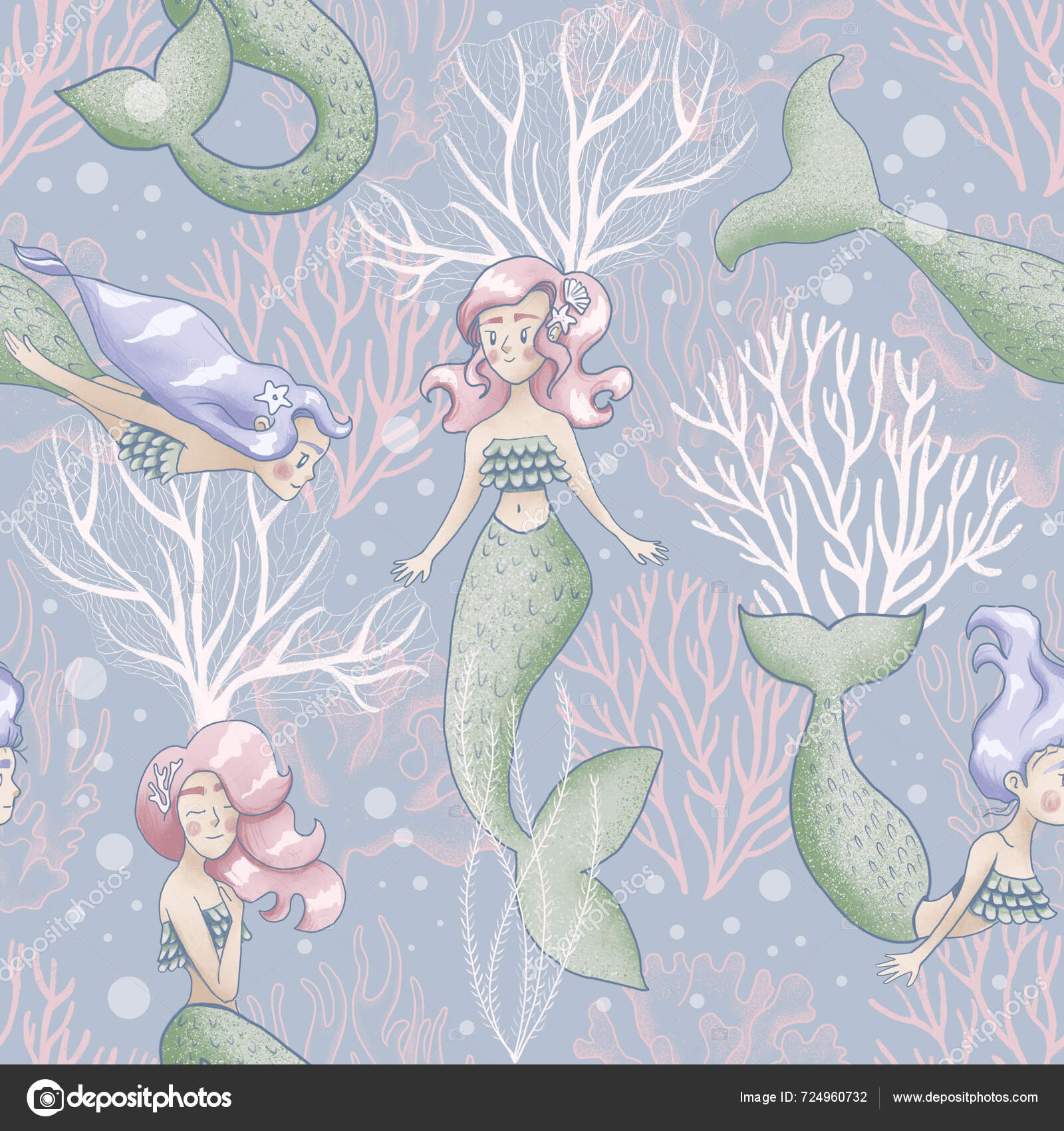 Seamless Pattern Mermaid Coral Reef Hand Drawn Illustration Children ...