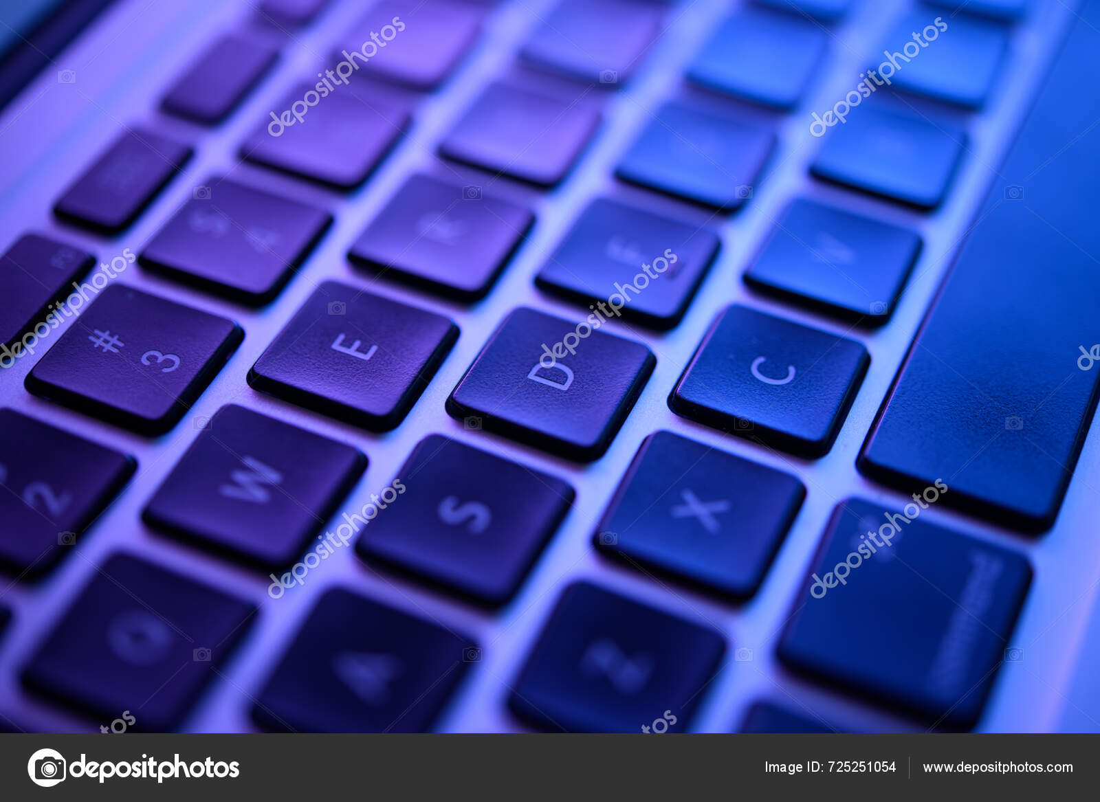 Close Shot Modern Laptop Keyboard Blue Light Emphasizing Texture ...