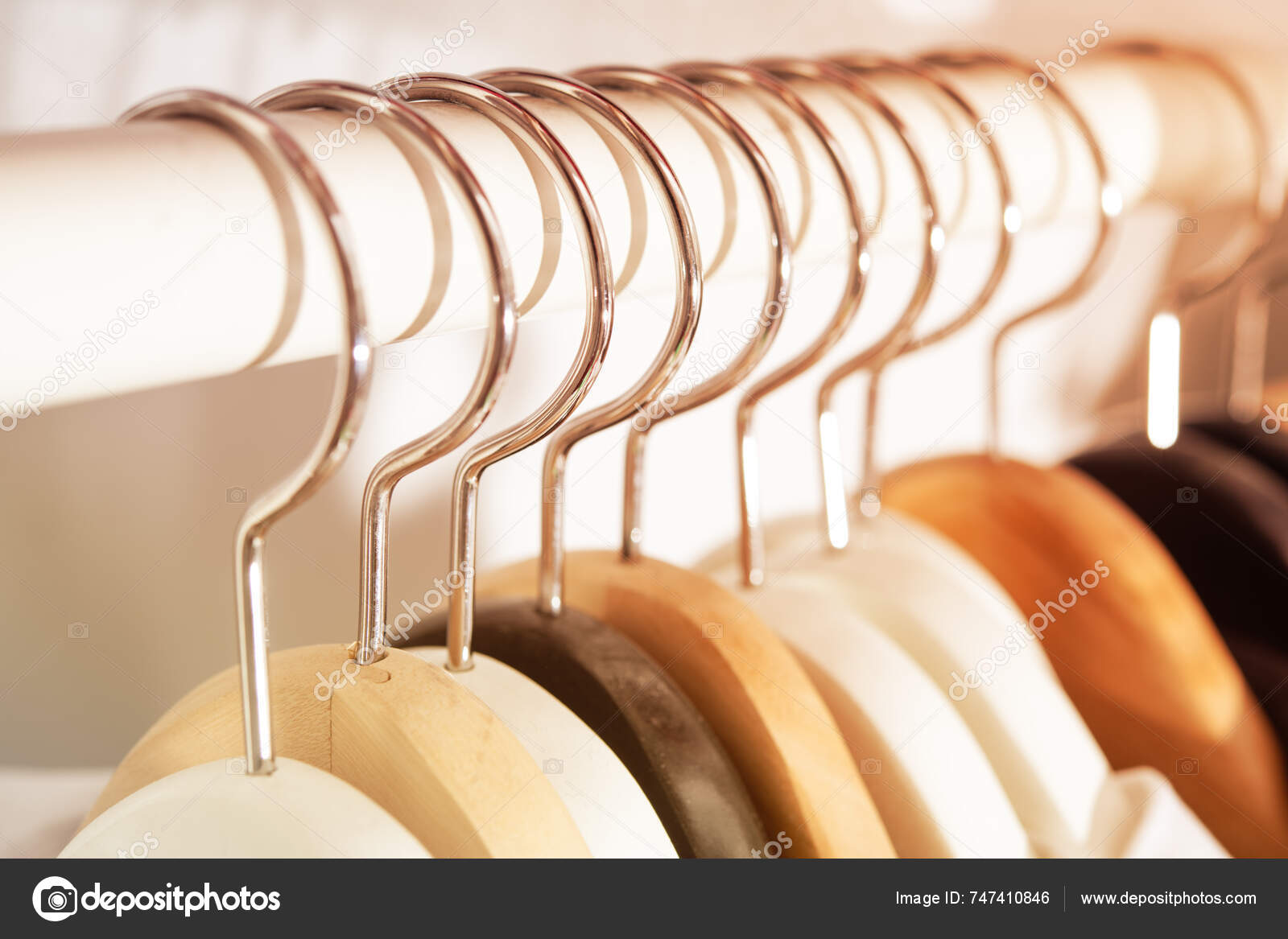 Close View Wooden Hangers Various Colors Hanging Neatly White Rack ...
