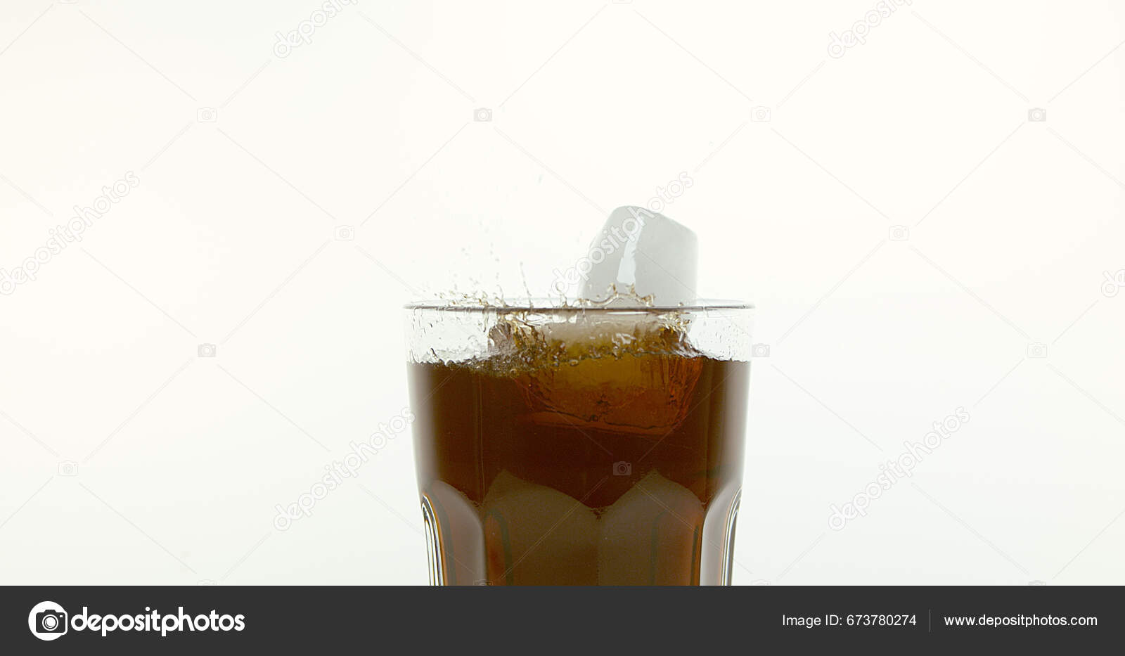 Ice Cubes Falling Glass Coke White Background — Stock Photo ...