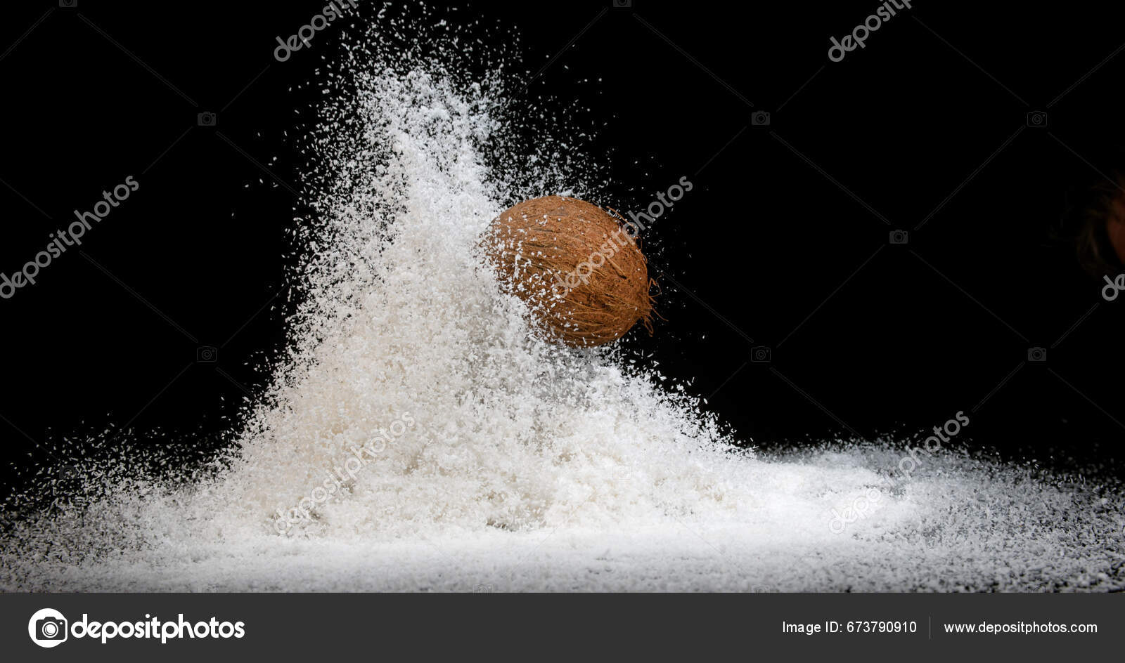 Coconut Cocos Nucifera Fruit Powder Exploding Black Background — Stock ...