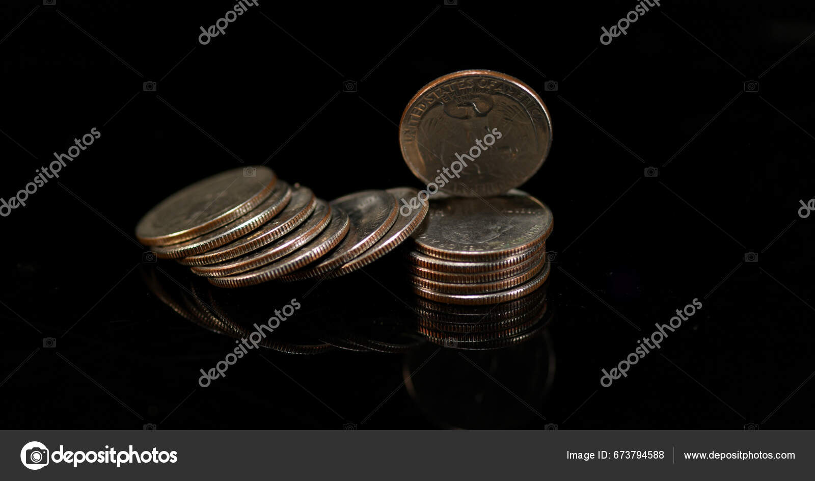 Quarter Dollar Coins Falling Rolling Sliding Black Background — Stock ...