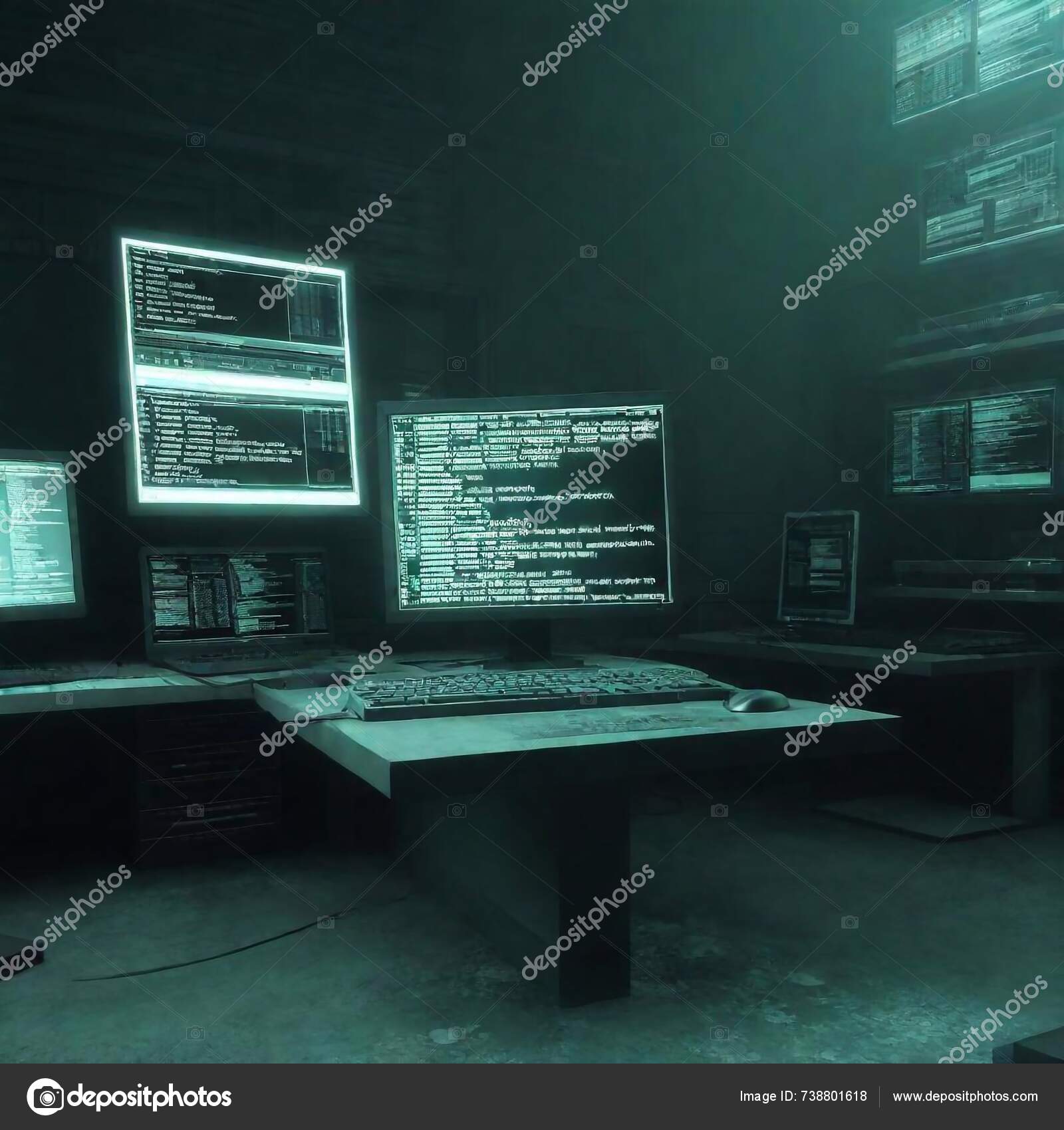 Midnight Black Computer Hacker's Darkened Room Green Code Cascading ...