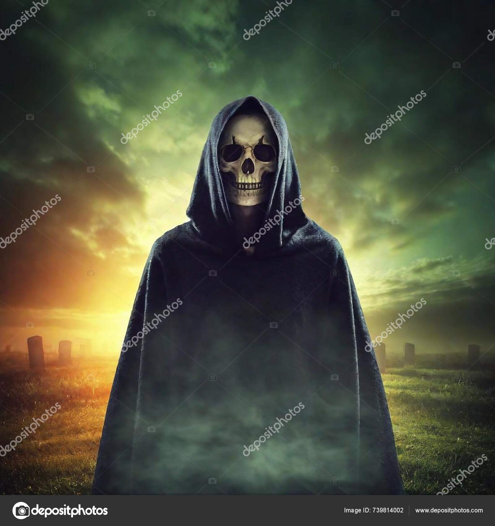 Grim Reaper Creature Full Body Image Cemetery Night Fog — Stock Photo ...