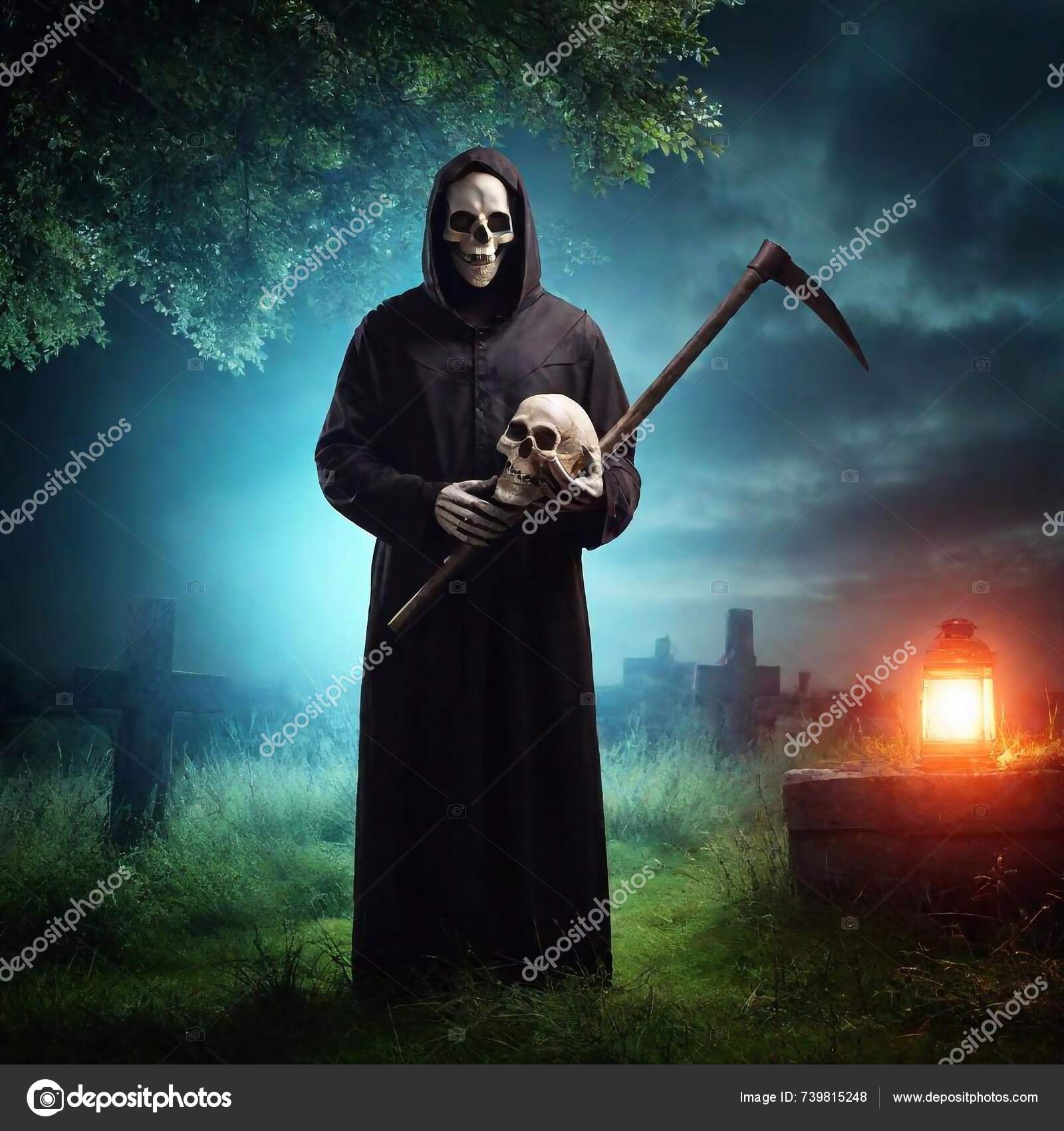 Grim Reaper Creatures Holding Skull Hands Standing Nigh Cemetery ...