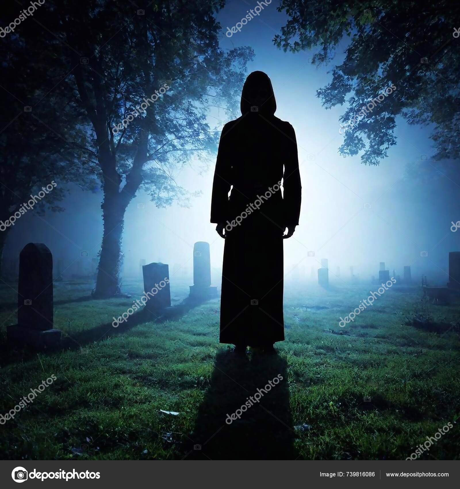 Grim Reaper Creature Full Body Image Cemetery Night Fog — Stock Photo ...
