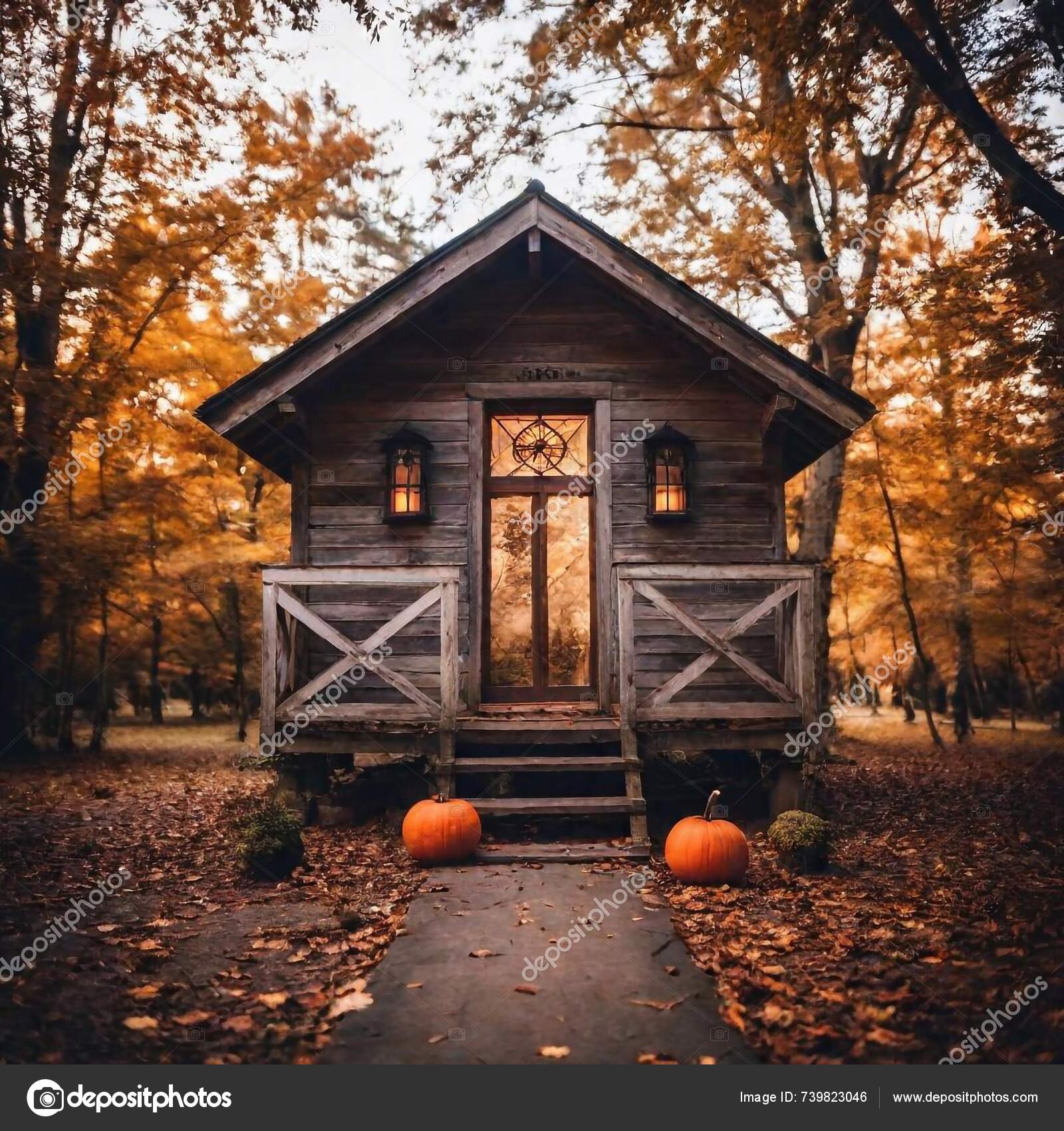 Full Shot Haunted Hut Halloween Decorations Depicted Soft Focus Eye ...