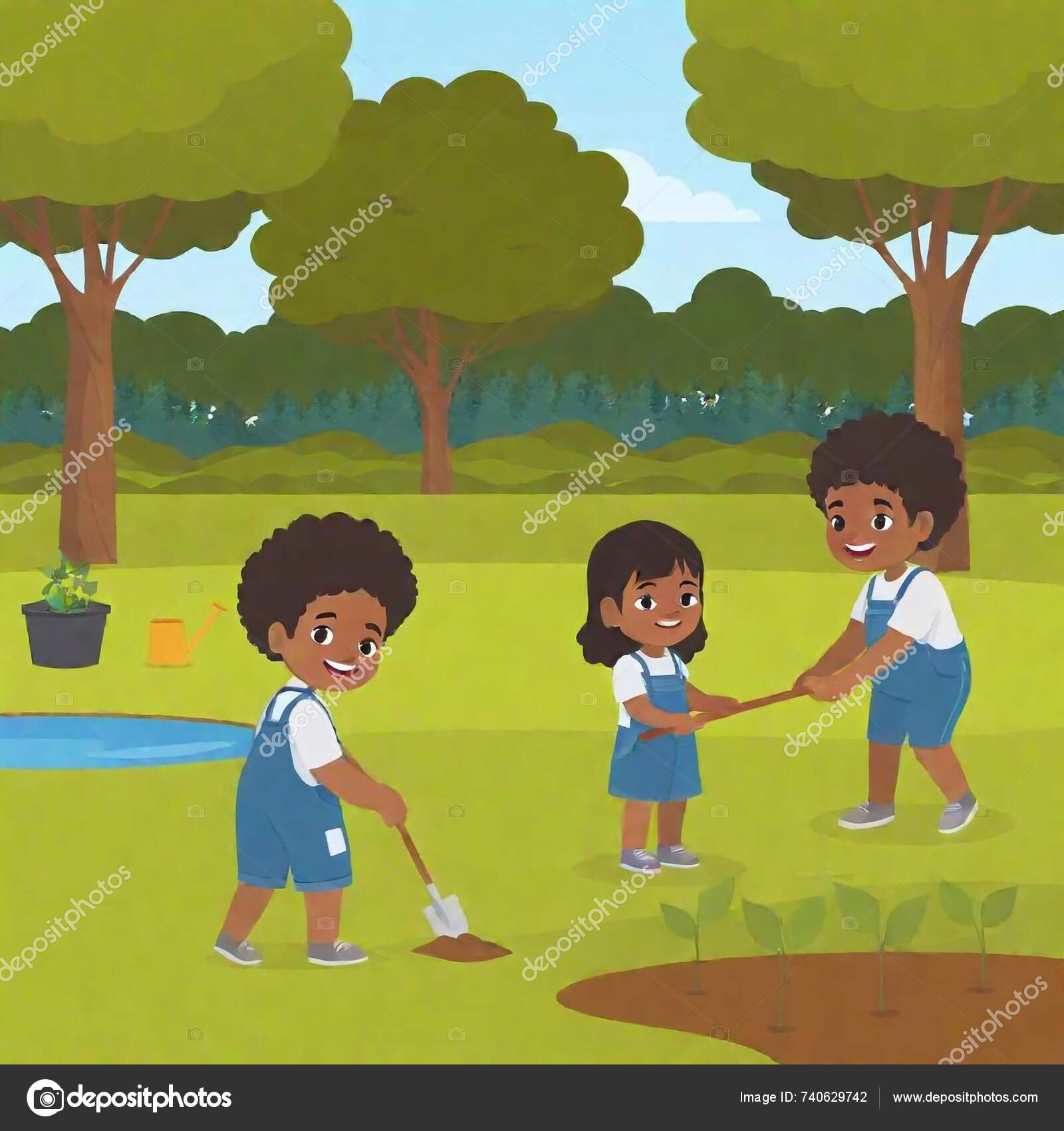 Tree Planting Activities Vector Image Illustration Kids Planting Trees ...