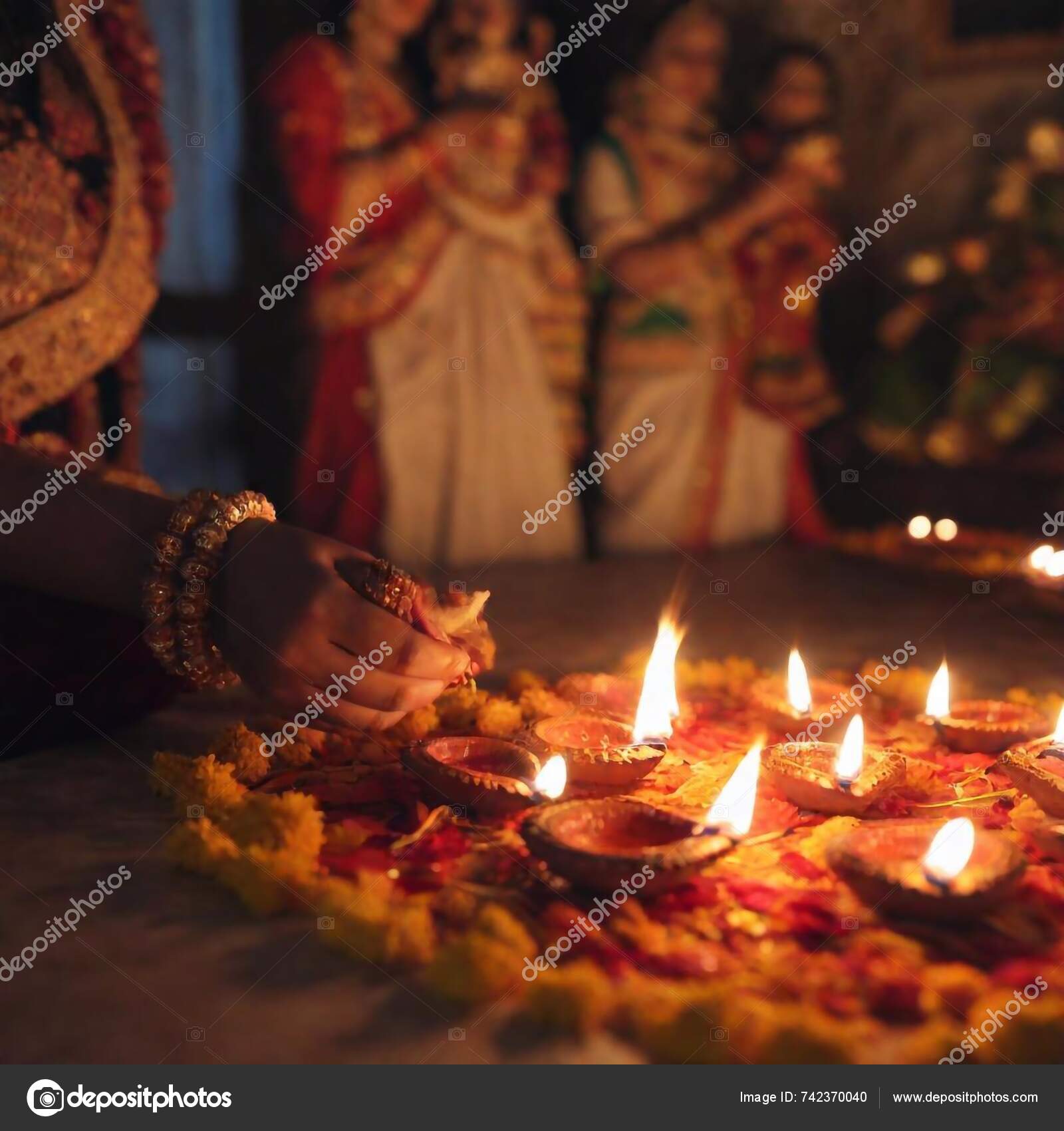 Illustrate Full Shot Diwali Prayer Ceremony Eye Level Perspective ...